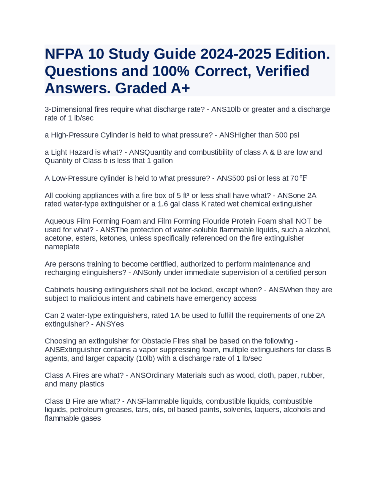 NFPA 10 Study Guide 2024-2025 Edition. Questions and 100% Correct ...