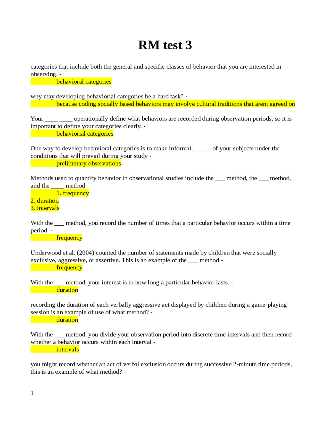 RM test 3 RM test 3 RM test 3 | Exams Psychology | Docsity