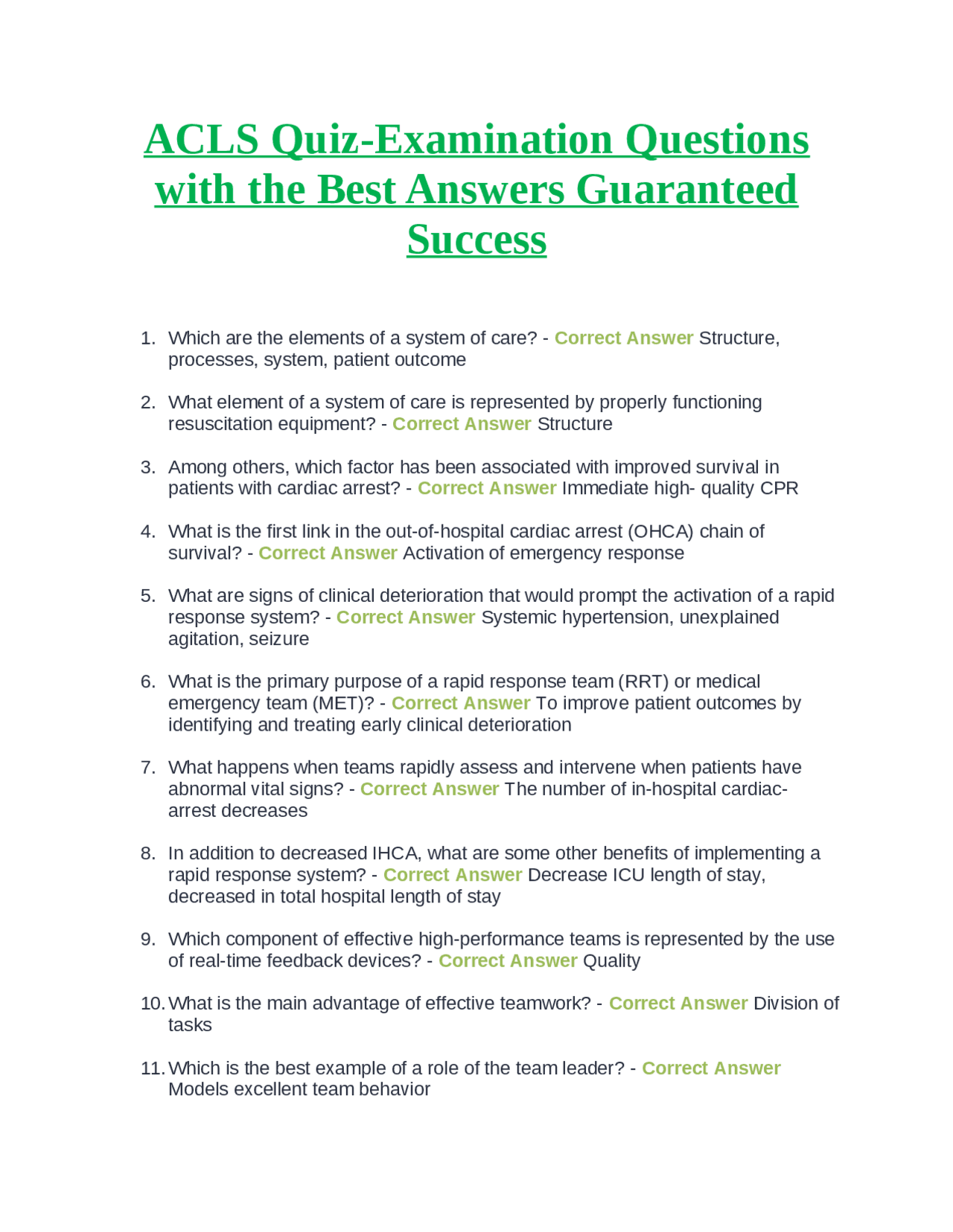 ACLS Quiz-Examination Questions with the Best Answers Guaranteed ...