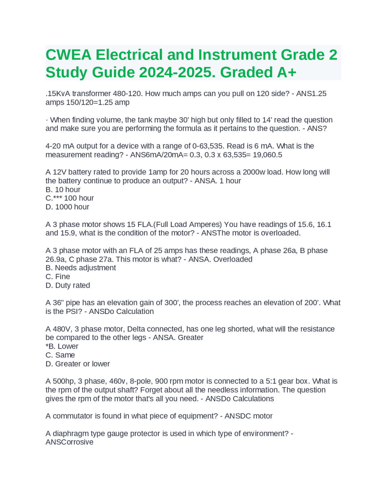 CWEA Electrical and Instrument Grade 2 Study Guide 2024-2025. Graded A+ ...