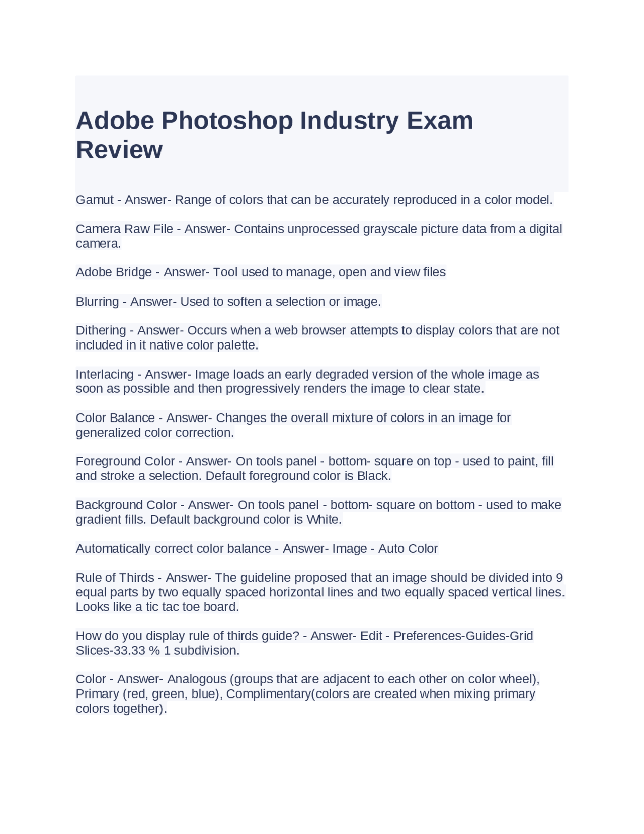 Adobe Photoshop Industry Exam Review 2024 | Exams Photoshop | Docsity