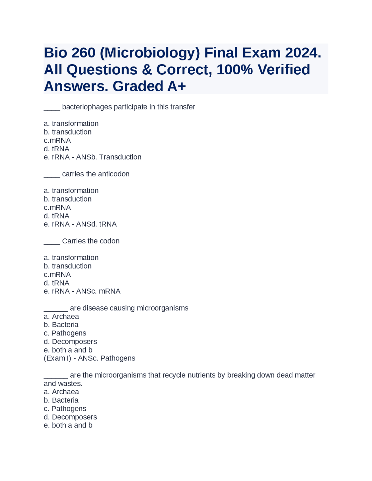 Bio 260 (Microbiology) Final Exam 2024. All Questions & Correct, 100% ...