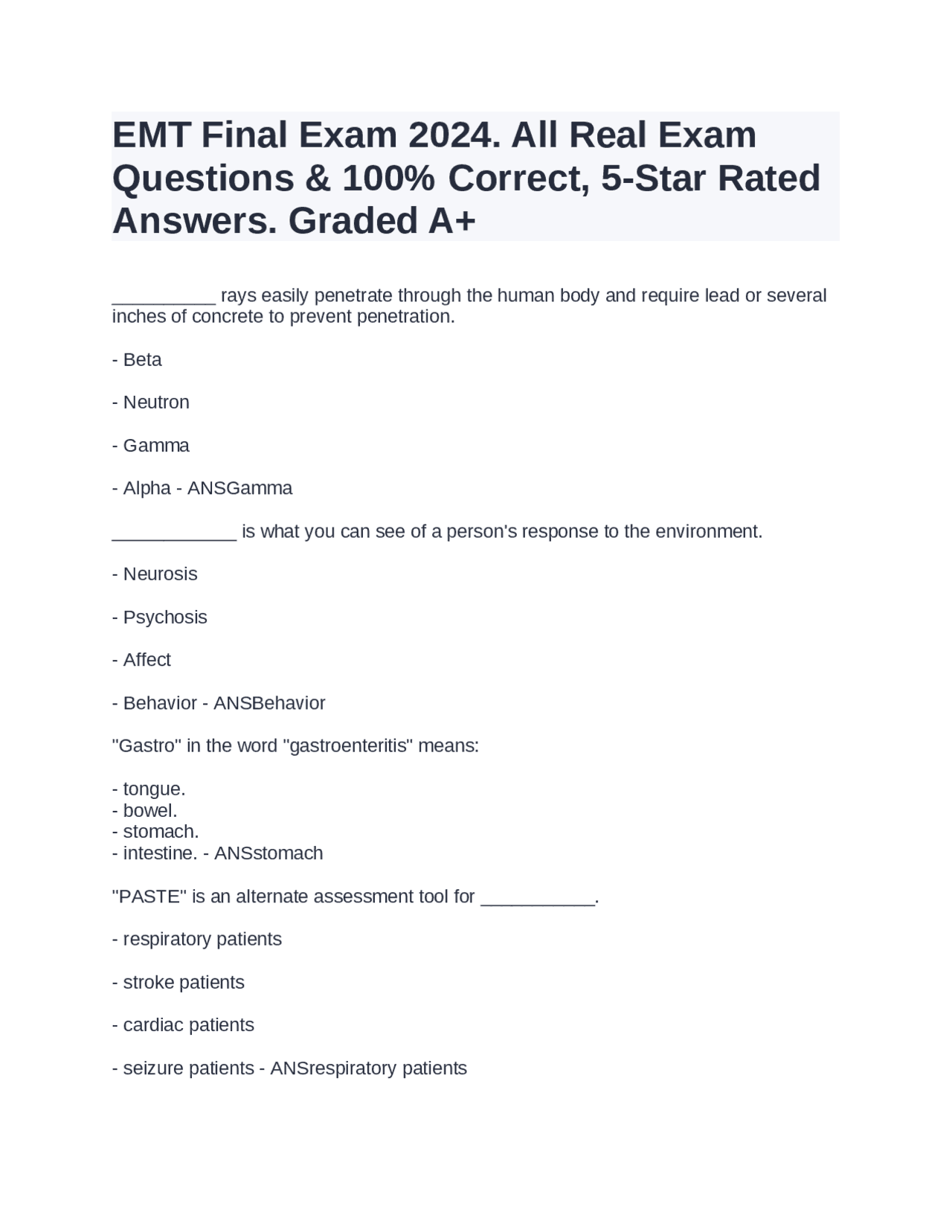 EMT Final Exam 2024. Real Exam Questions & 100% Correct, 5-Star Rated ...