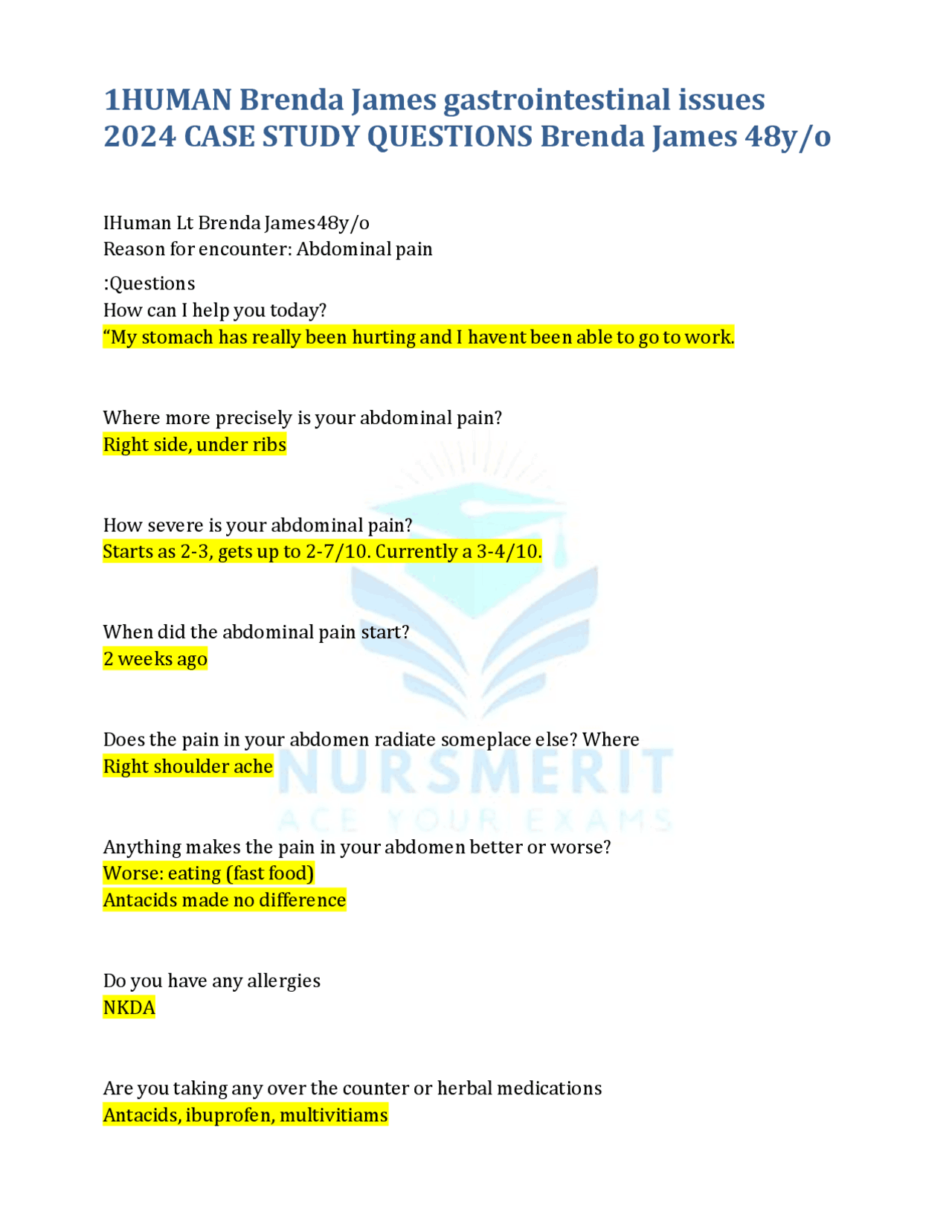 1HUMAN Brenda James gastrointestinal issues 2024 CASE STUDY QUESTIONS ...