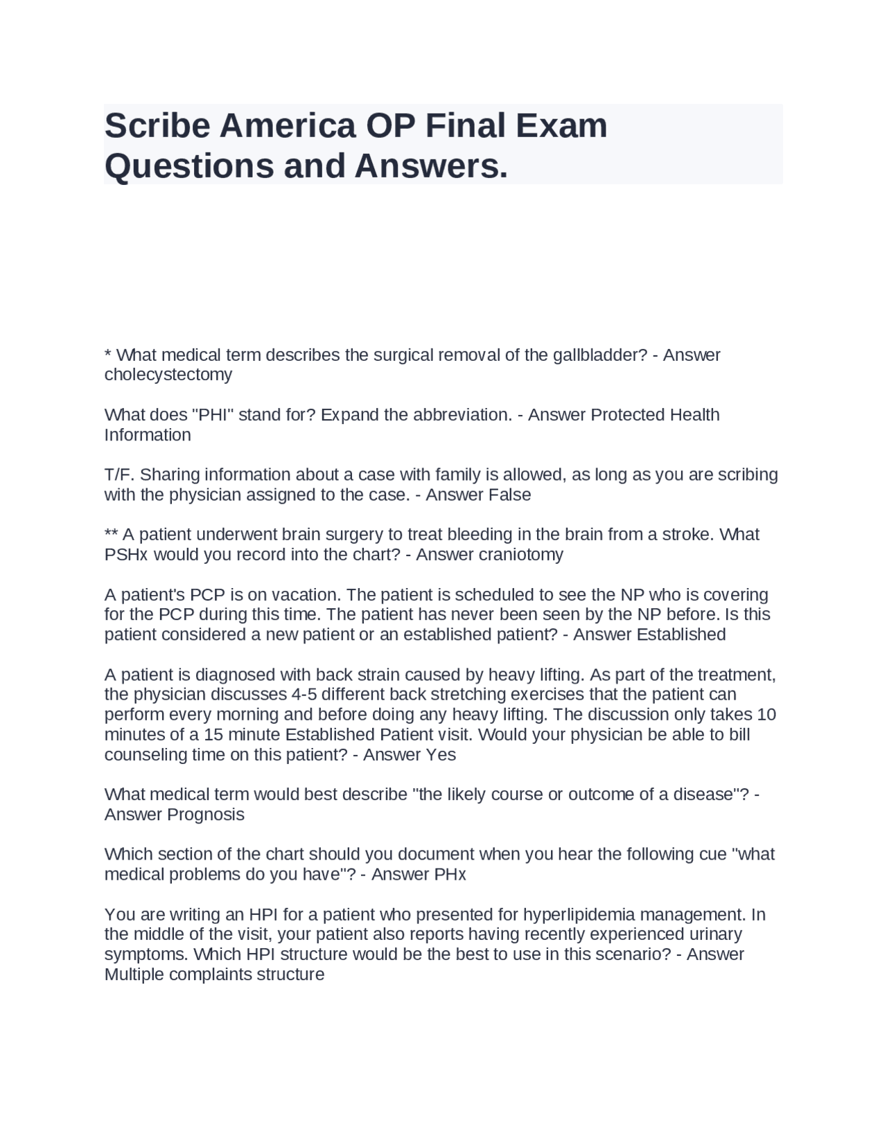Scribe America OP Final Exam Questions and Answers | Exams Nursing ...