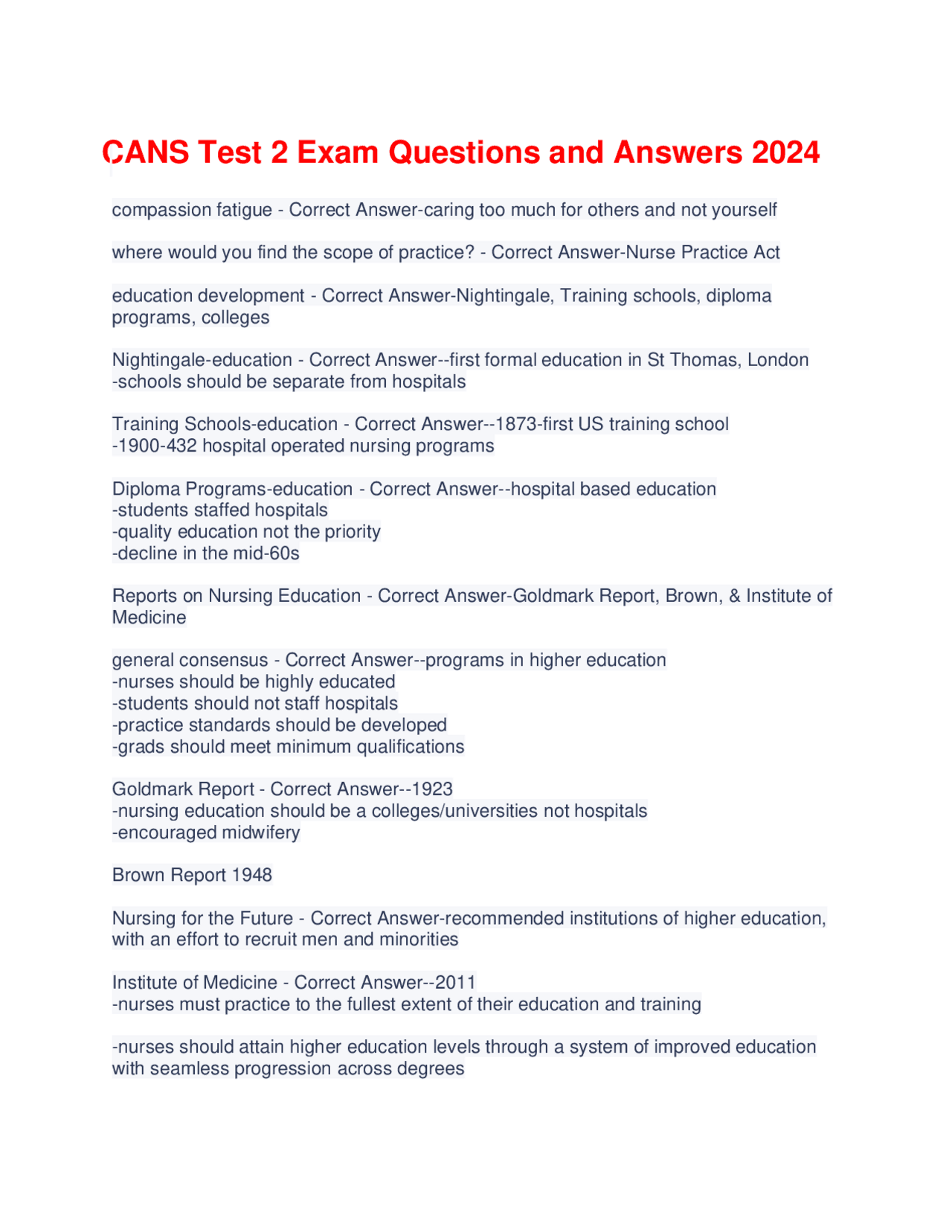 CANS Test 2 Exam Questions and Answers 2024 | Exams Nursing | Docsity