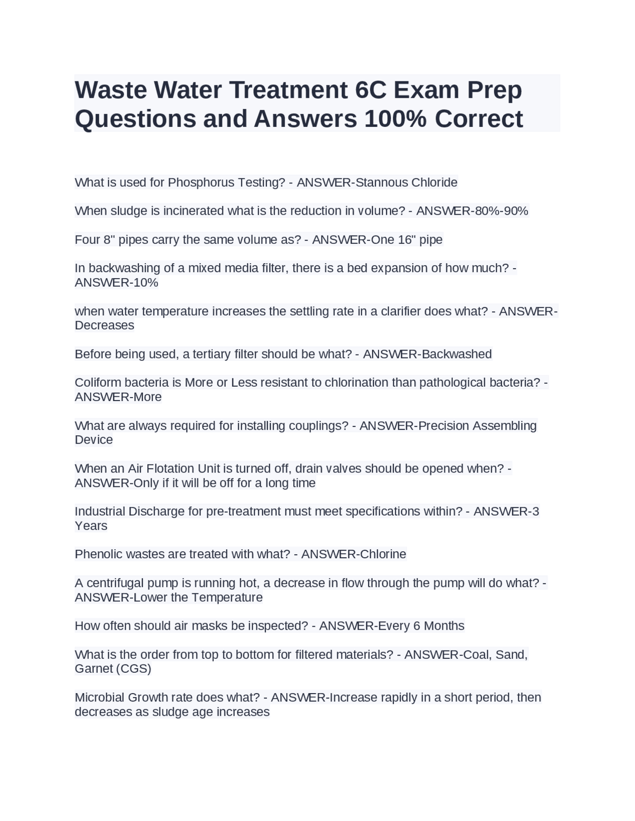 Waste Water Treatment 6C Exam Prep Questions and Answers 100% Correct ...