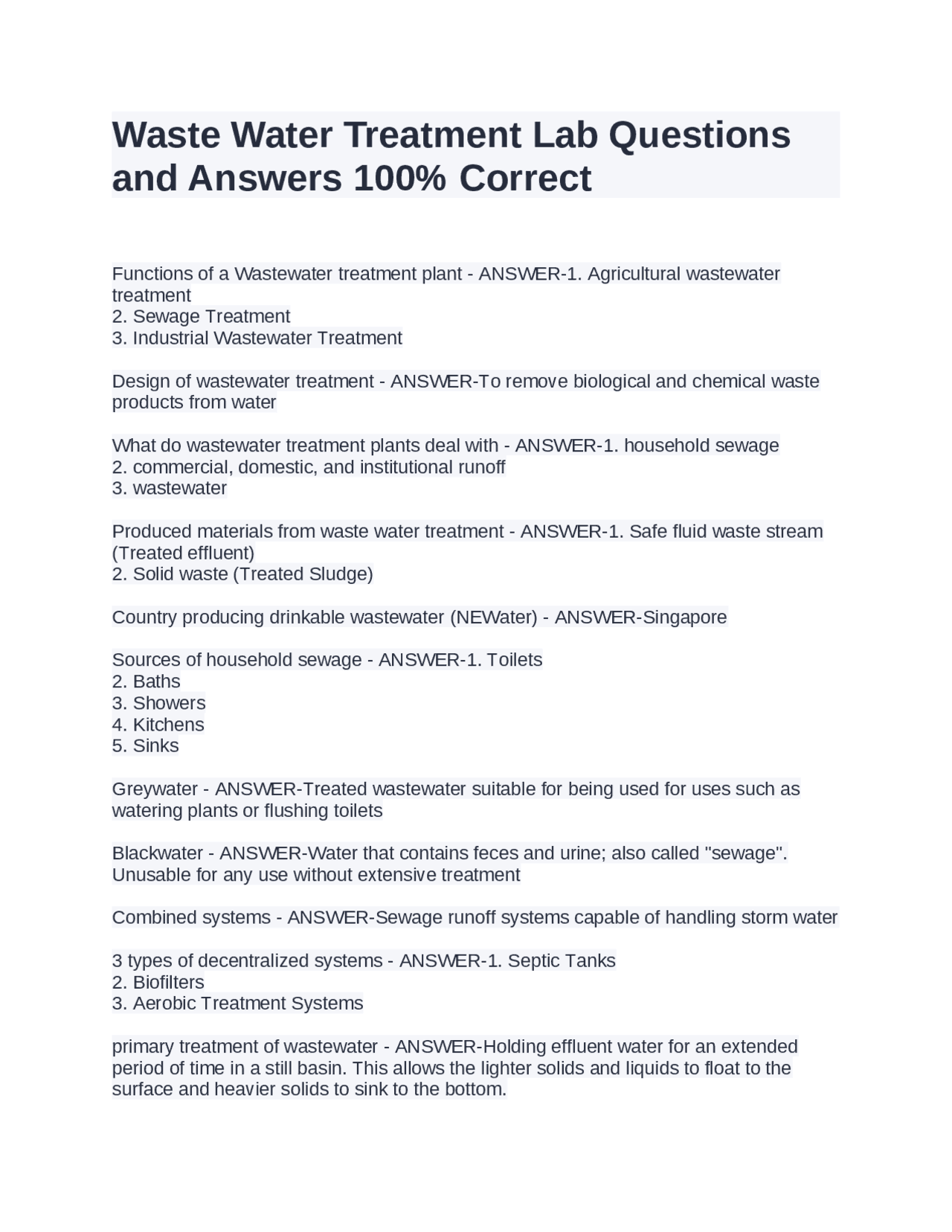 Waste Water Treatment Lab Questions and Answers 100% Correct | Exams ...