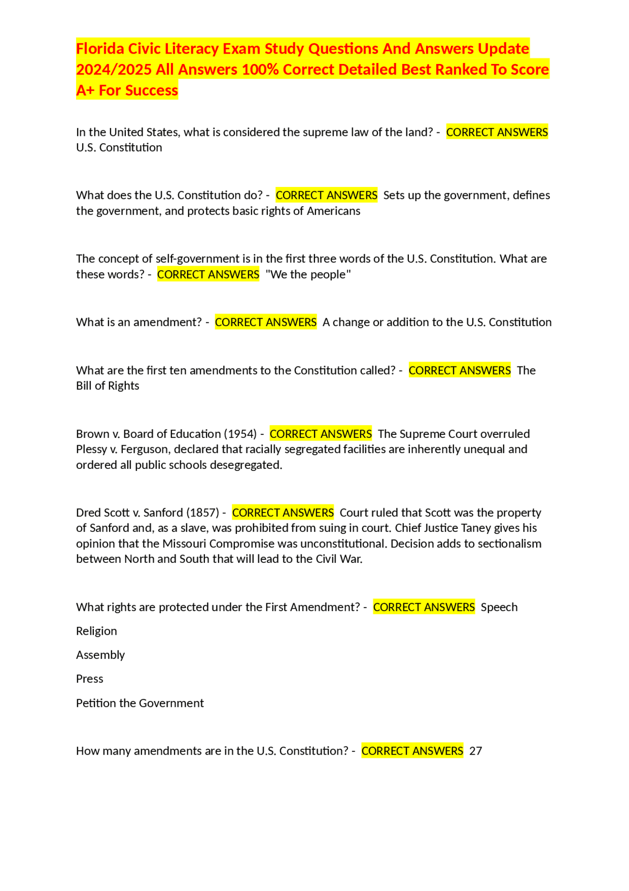 Florida Civic Literacy Exam Study Questions And Answers Update 2024/ ...