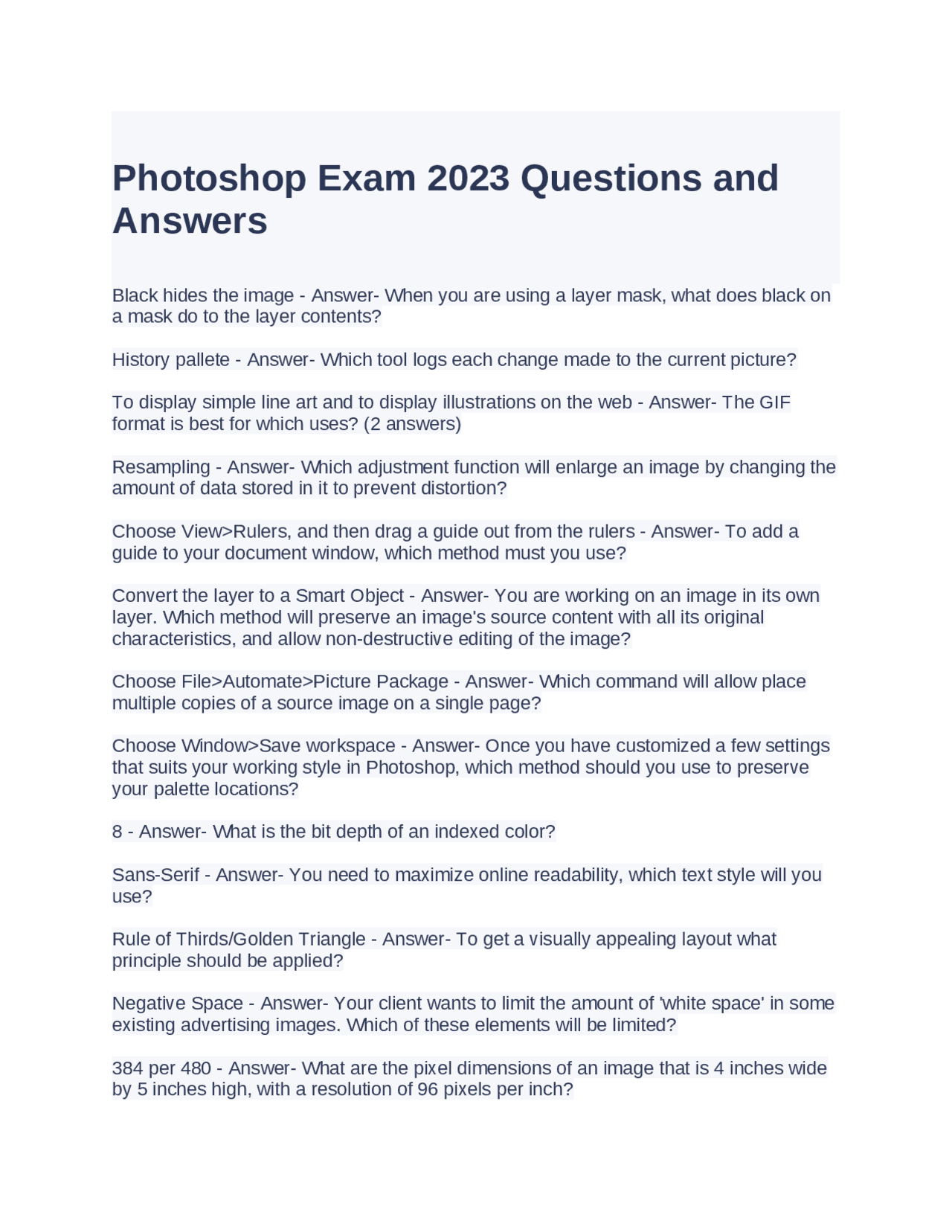 Photoshop Exam 2023/24 Questions and Answers | Exams Photoshop | Docsity