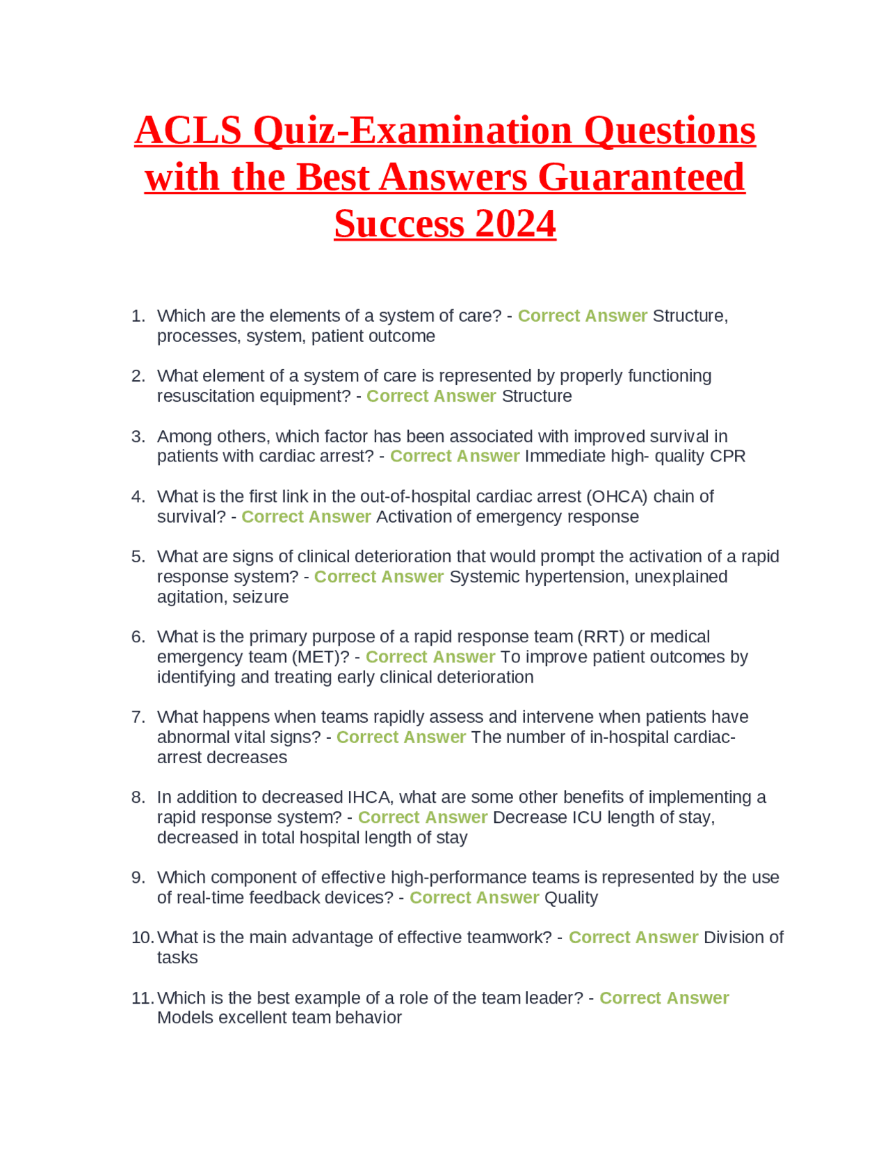 ACLS Quiz-Examination Questions with the Best Answers Guaranteed ...