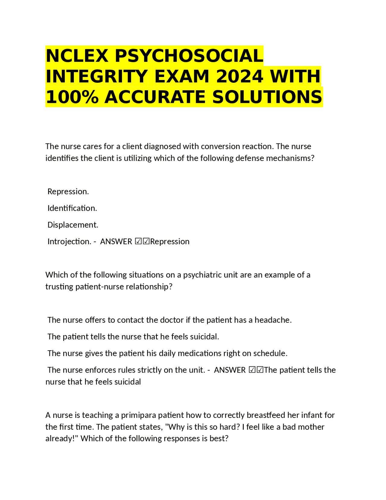 NCLEX PSYCHOSOCIAL INTEGRITY EXAM 2024 WITH 100% ACCURATE SOLUTIONS ...