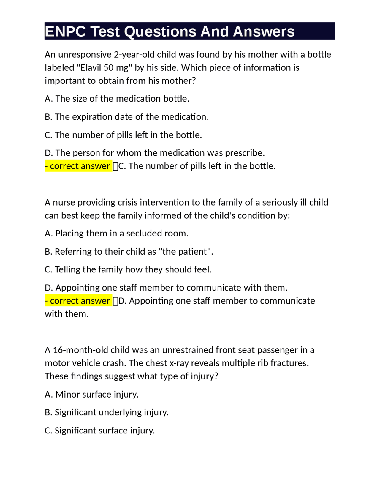 ENPC Test Questions And Answers | Exams Medicine | Docsity