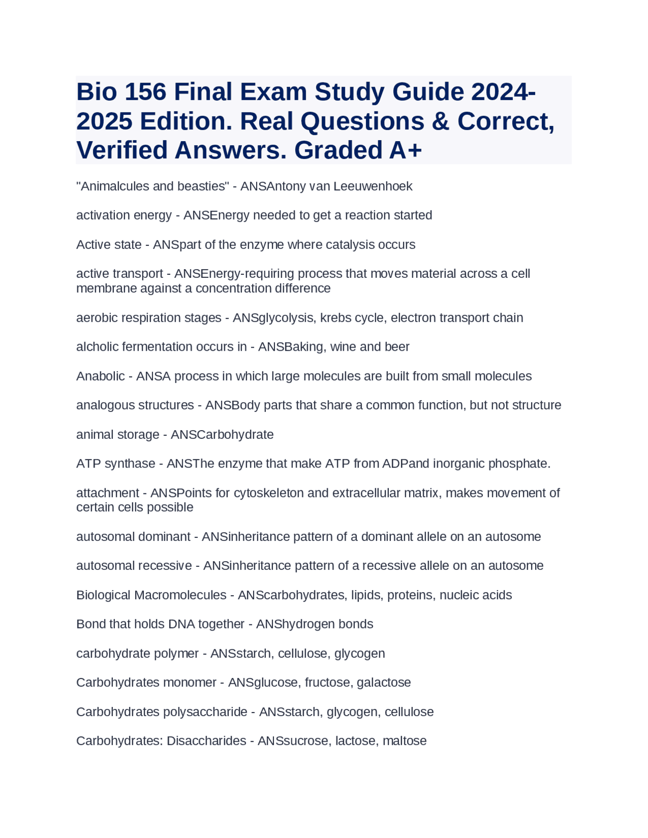 Bio 156 Final Exam Study Guide 2024-2025 Edition. Questions & Correct ...