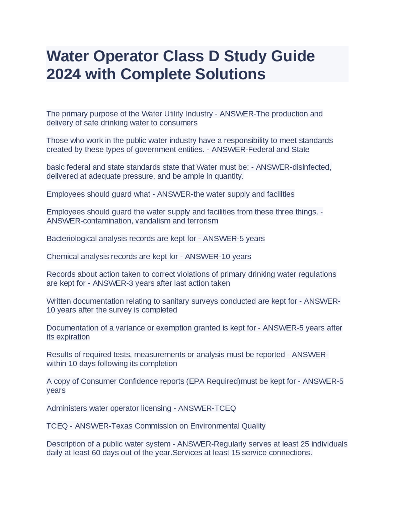 Water Operator Class D Study Guide 2024 with Complete Solutions | Exams ...