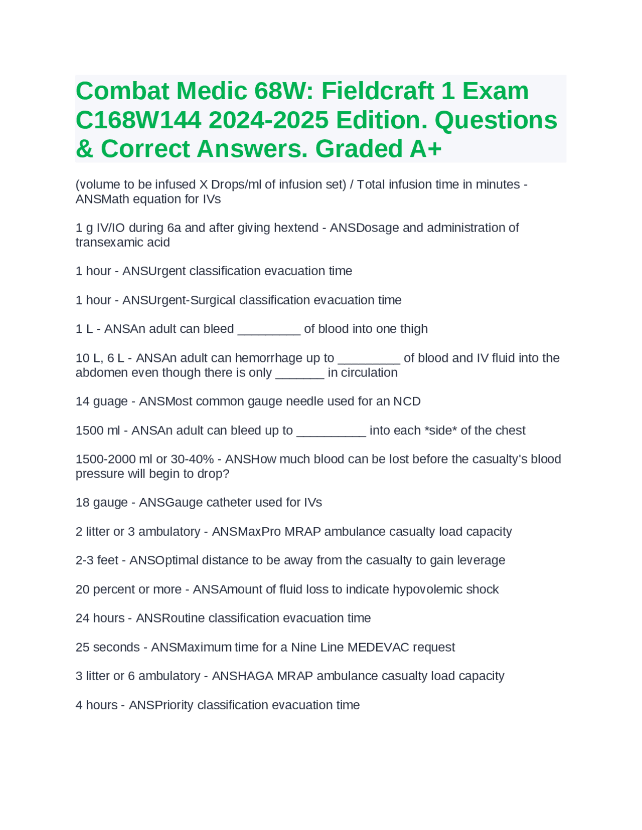 Combat Medic 68W Fieldcraft 1 Exam C168W144 2024-2025 Edition.Questions ...