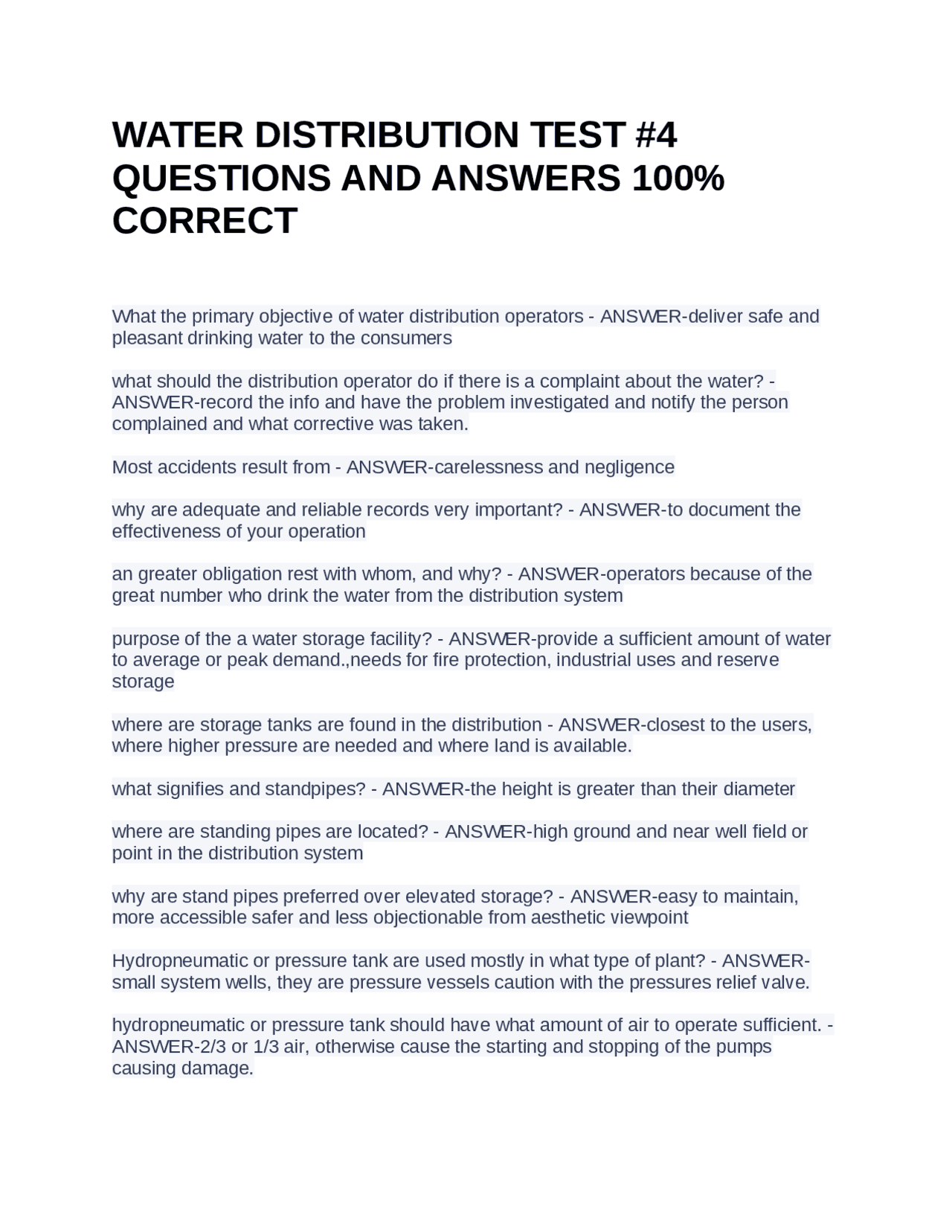WATER DISTRIBUTION TEST #4 QUESTIONS AND ANSWERS 100% CORRECT | Exams ...
