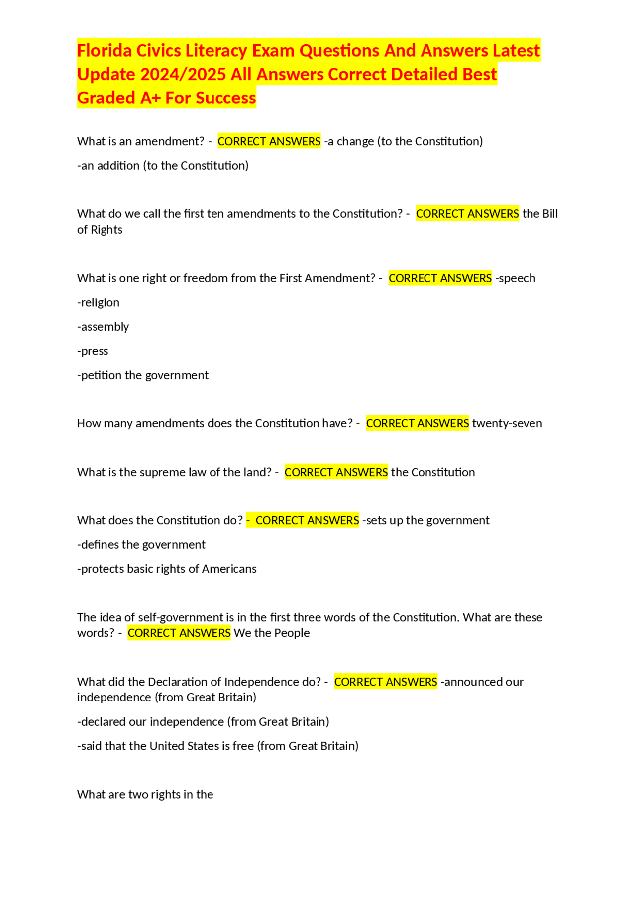 Florida Civics Literacy Exam Questions And Answers Latest Update 2024/ ...