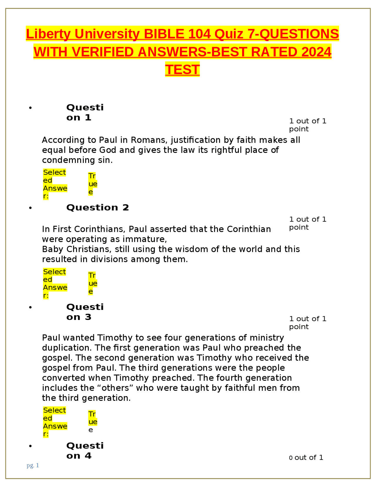 Liberty University BIBLE 104 Quiz 7-QUESTIONS WITH VERIFIED ANSWERS ...