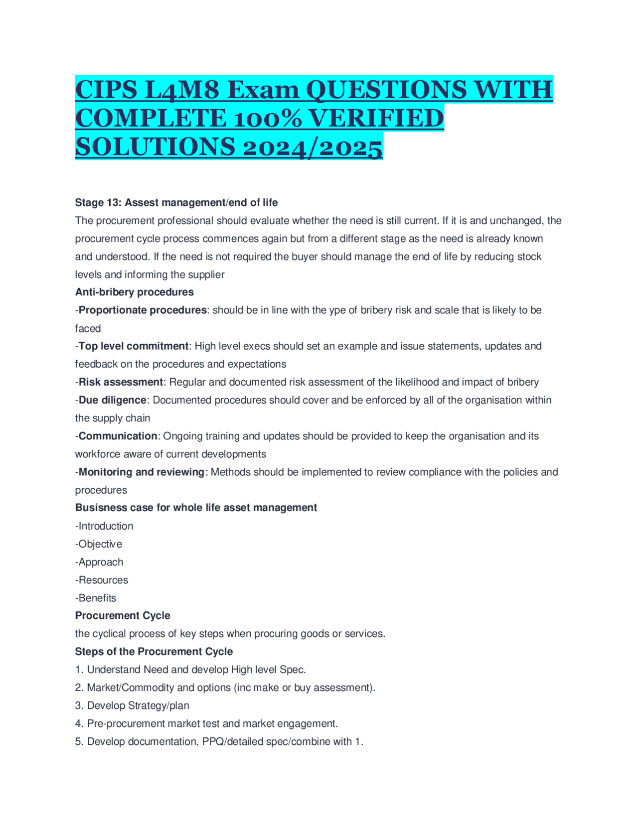 CIPS L4M8 Exam QUESTIONS WITH COMPLETE 100% VERIFIED SOLUTIONS 2024/2025 | Exams Business ...