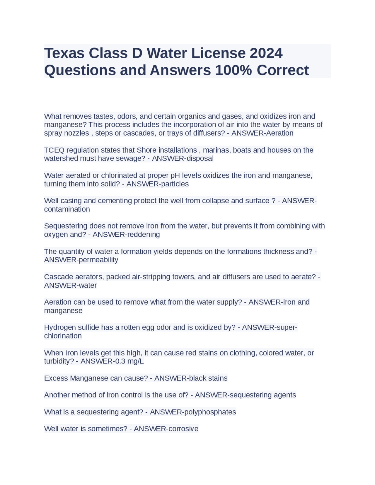 Texas Class D Water License 2024 Questions and Answers 100% Correct ...