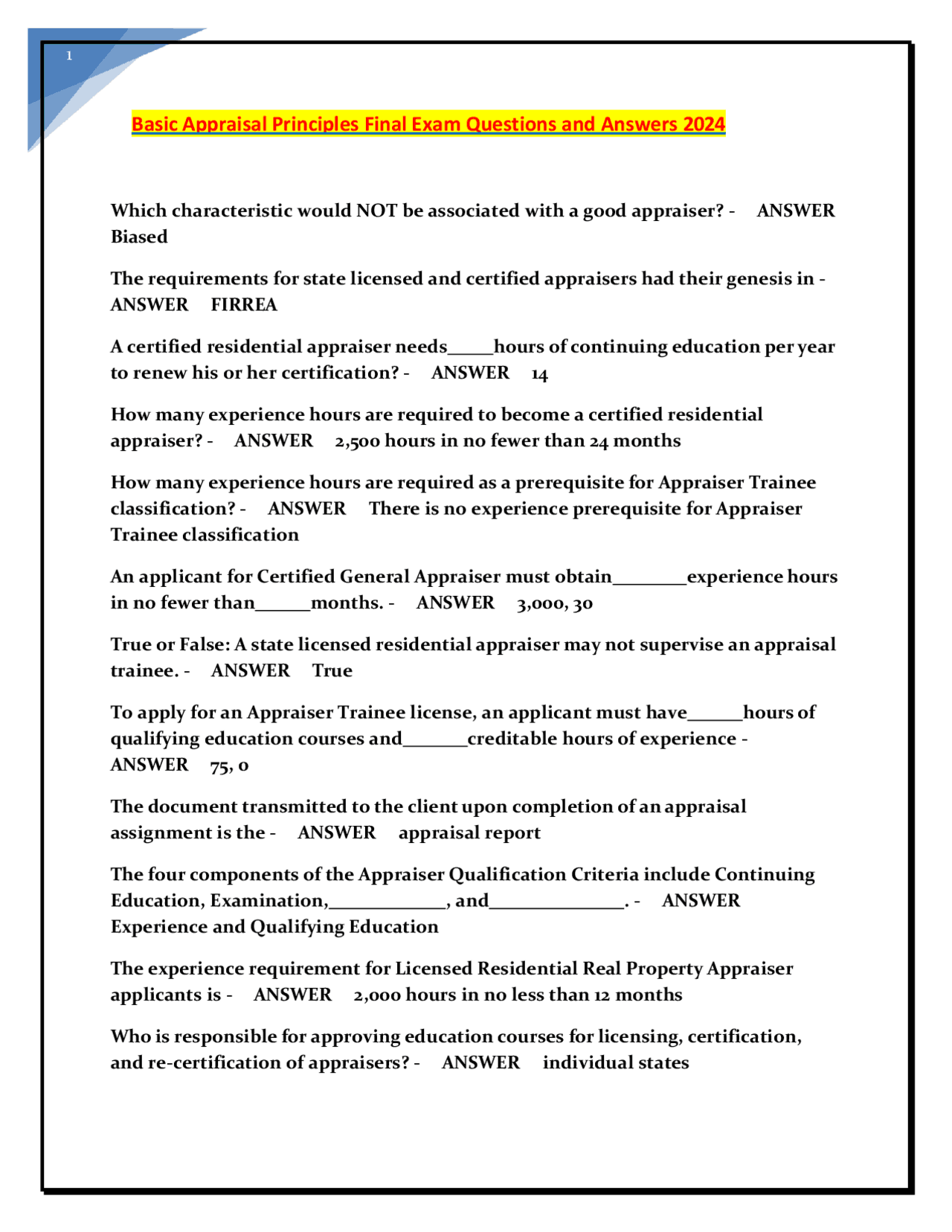 Basic Appraisal Principles Final Exam Questions and Answers 2024 | Exams Nursing | Docsity