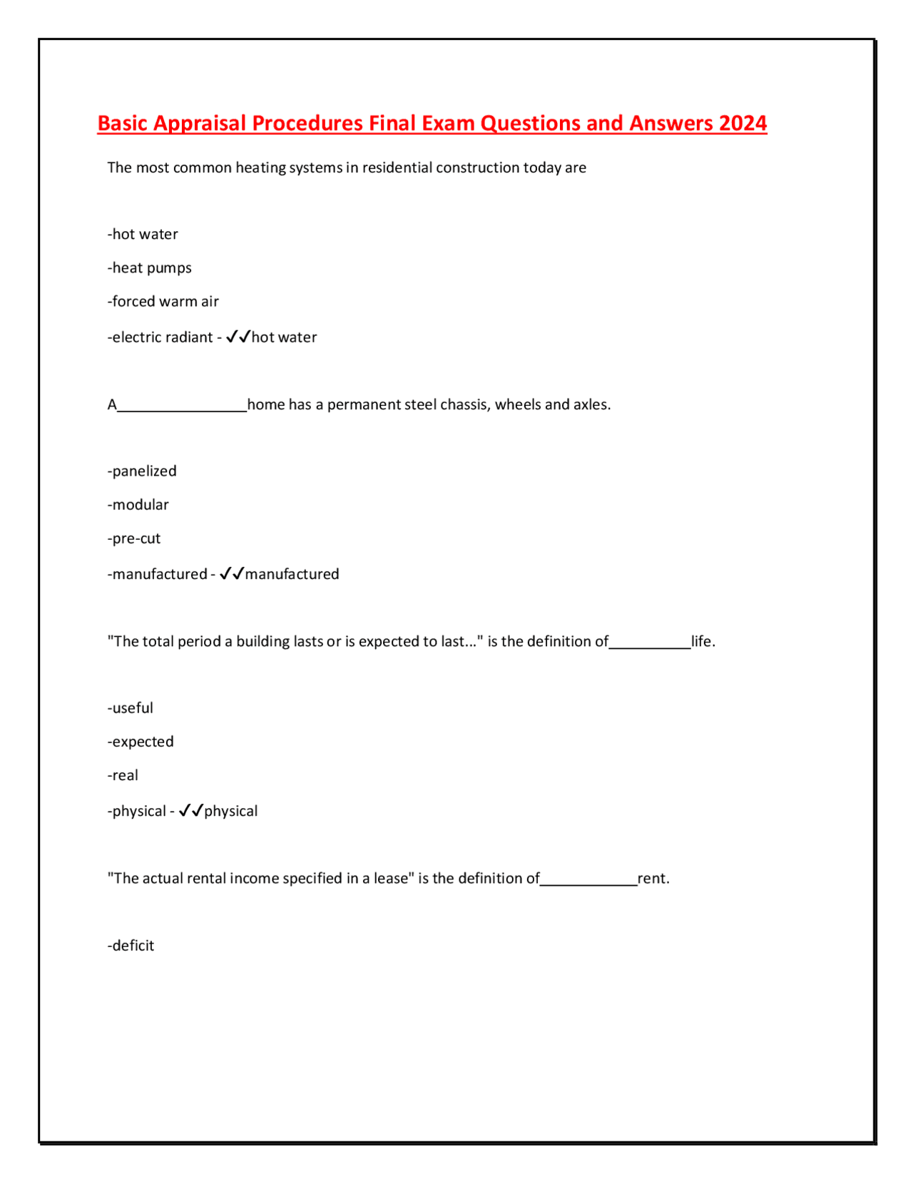 Basic Appraisal Procedures Final Exam Questions and Answers 2024 | Exams Nursing | Docsity