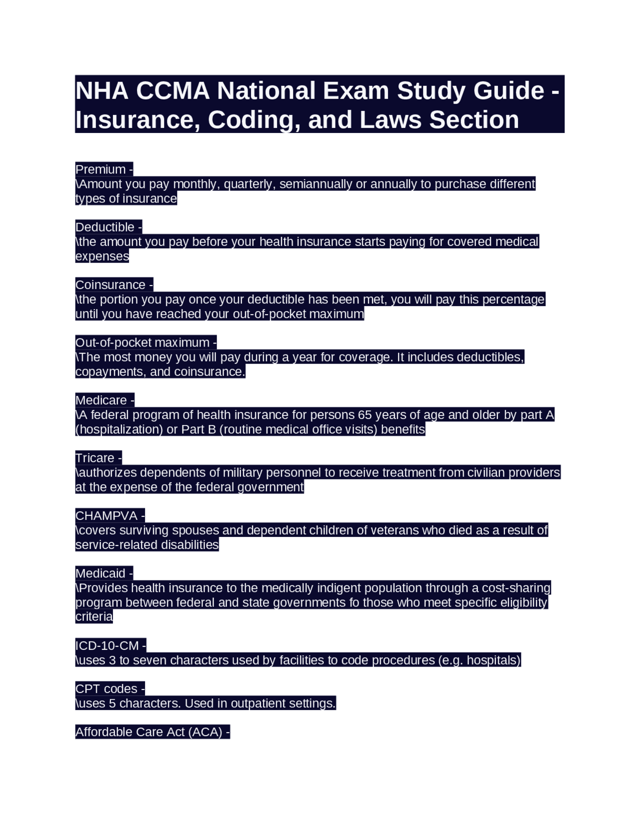 NHA CCMA National Exam Study Guide - Insurance, Coding, and Laws ...