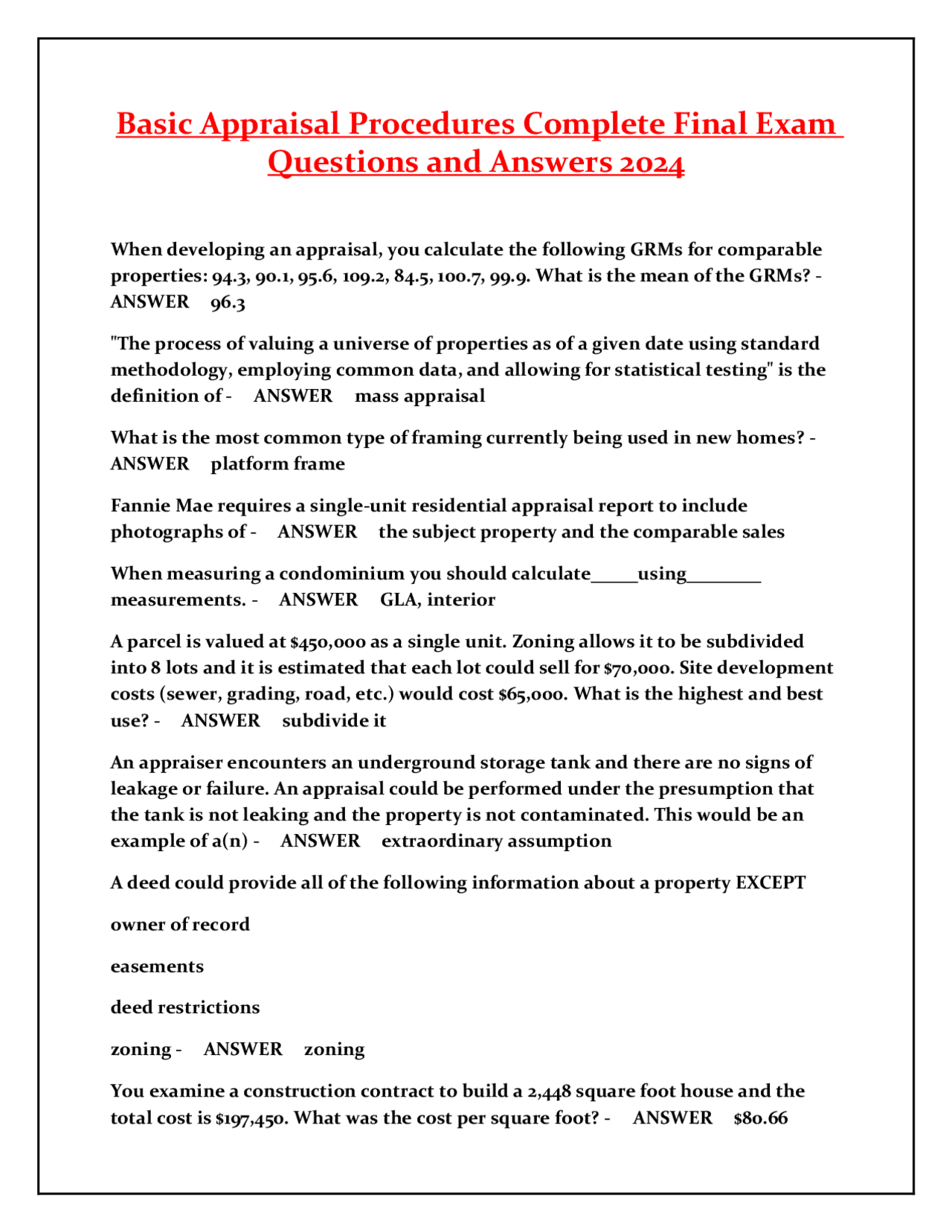 Basic Appraisal Procedures Complete Final Exam Questions and Answers 2024 | Exams Nursing | Docsity