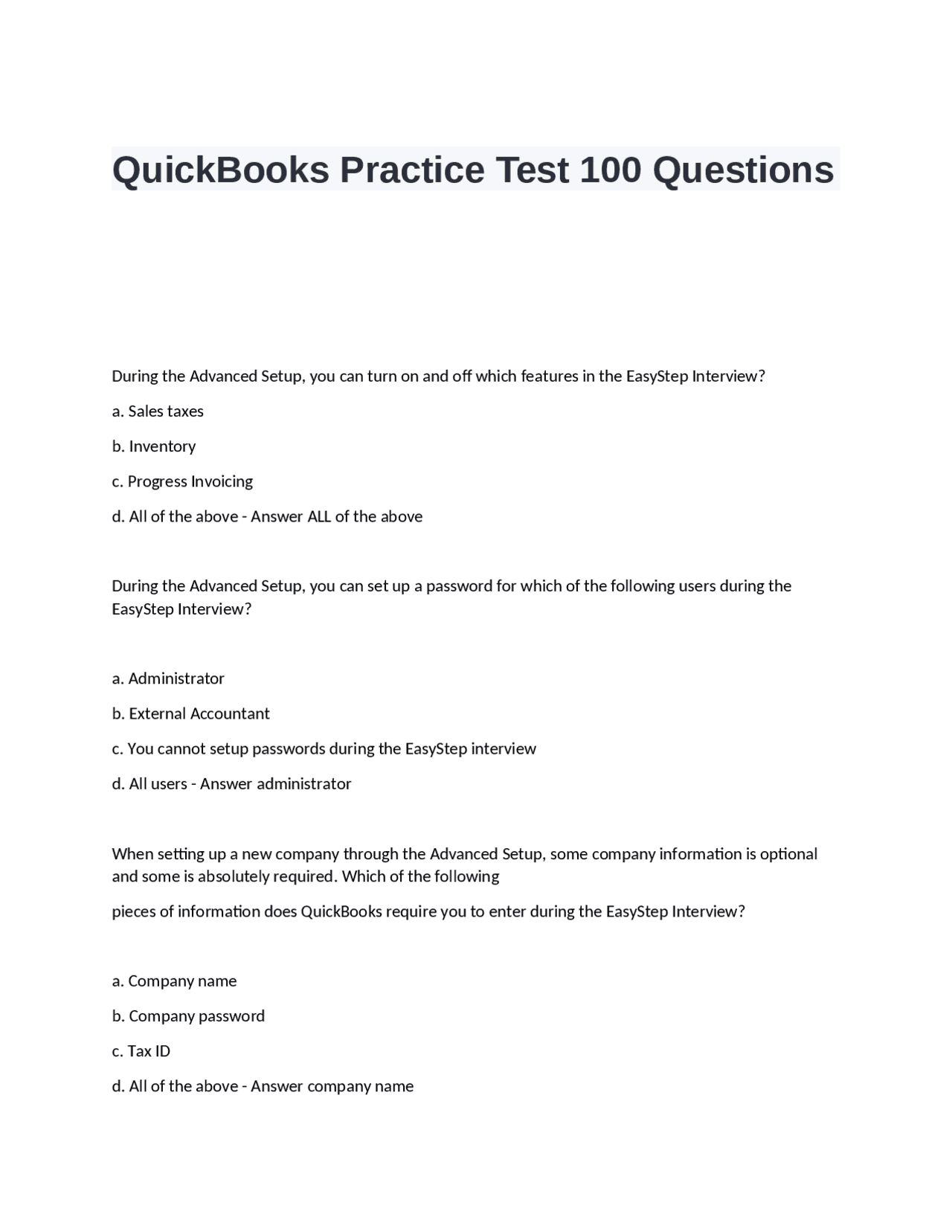 QuickBooks Practice Test 100 Questions and Answers | Exams Nursing ...