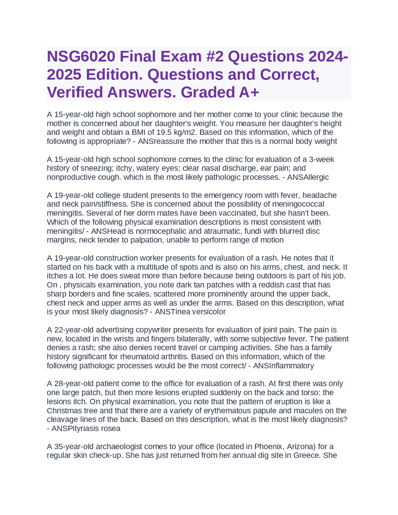 NSG6020 Final Exam #2 Questions 2024-2025 Edition. Questions and Correct Answers. Grade A+ ...