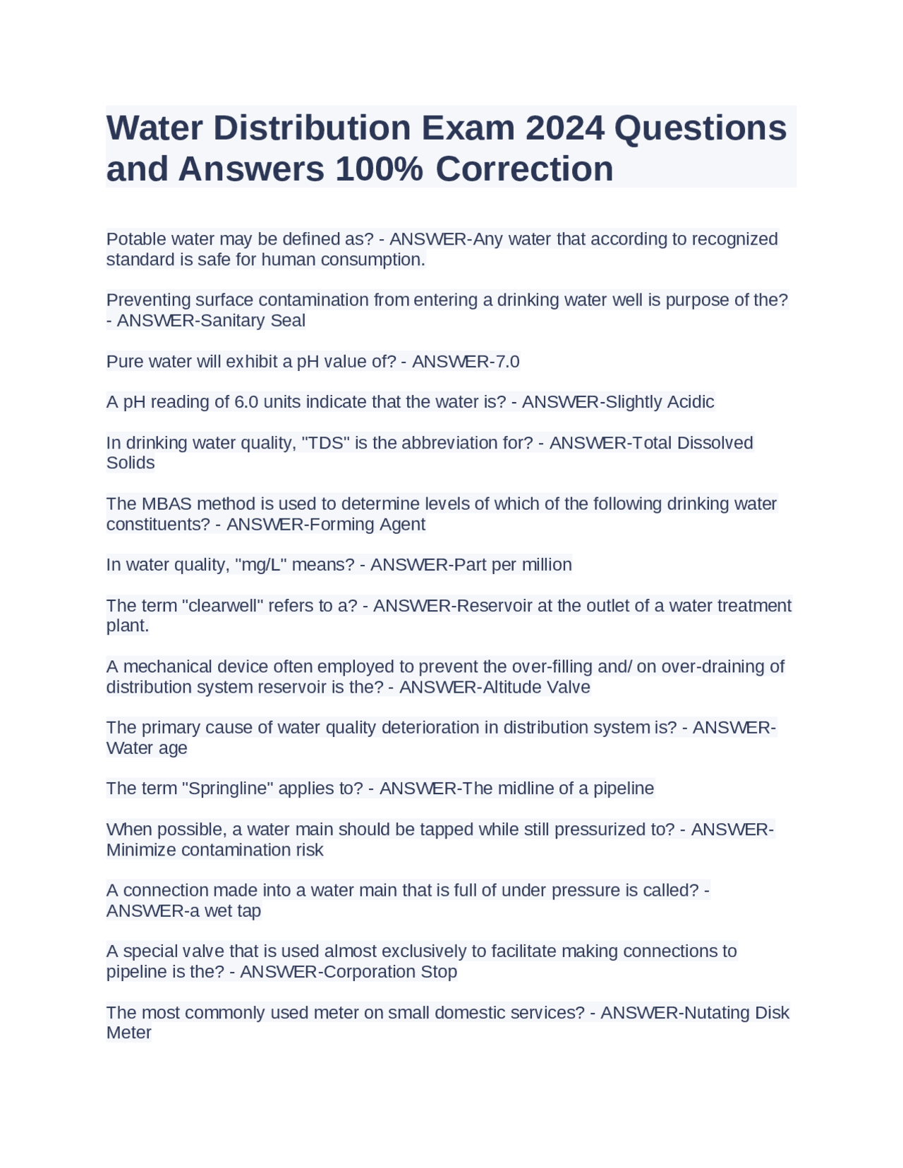 Water Distribution Exam 2024 Questions and Answers 100% Correction ...
