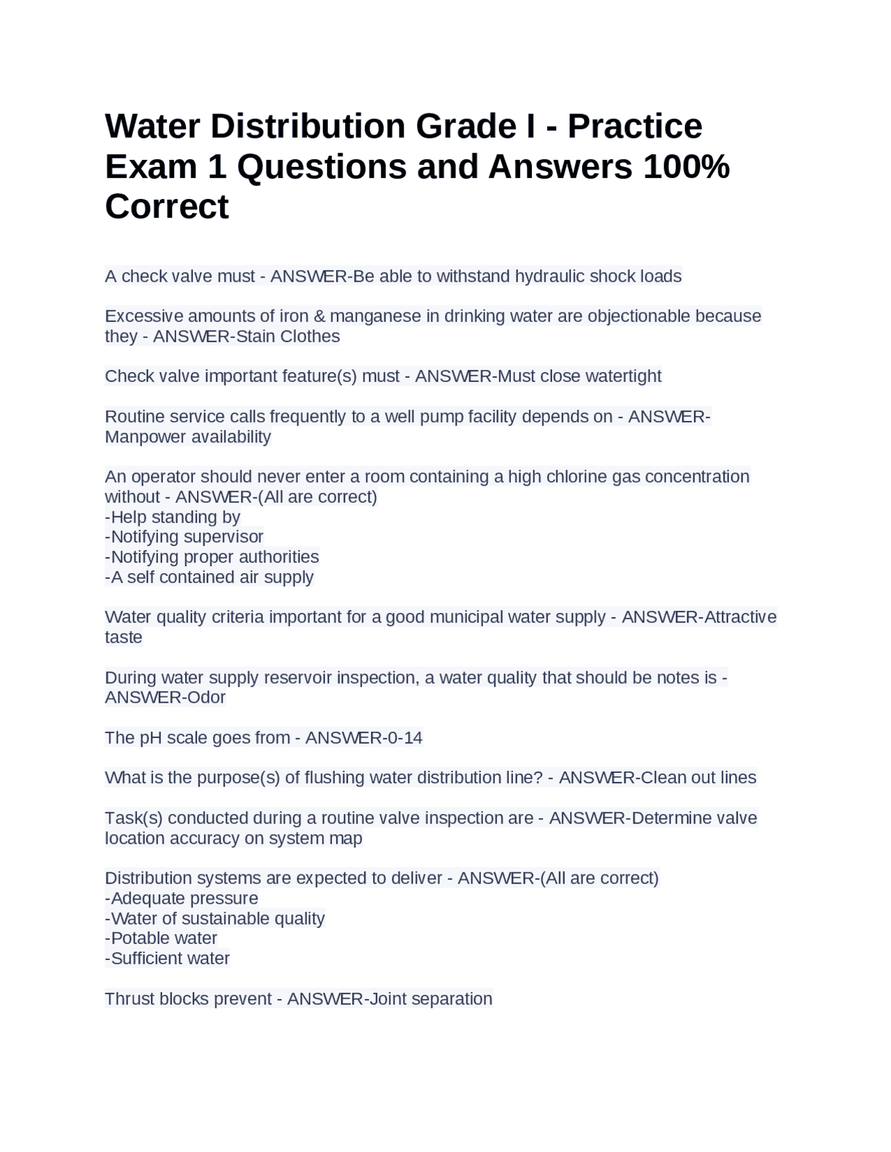 Water Distribution Grade I - Practice Exam 1 Questions and Answers 100% ...