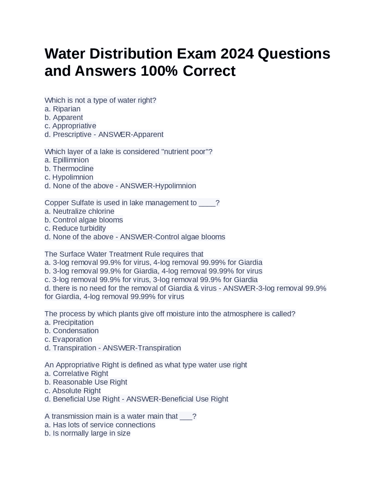 Water Distribution Exam 2024 Questions and Answers 100% Correct | Exams ...