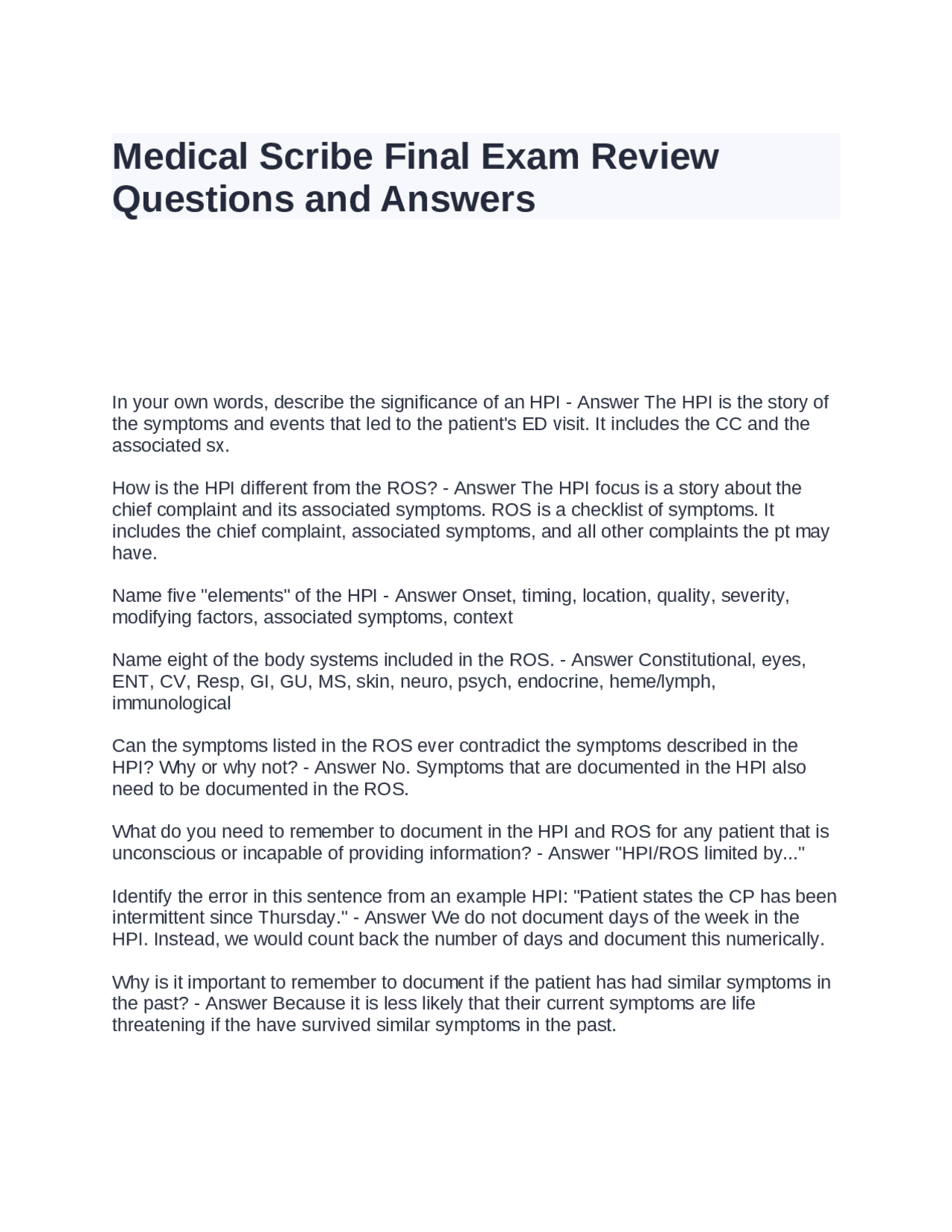 Medical Scribe Final Exam Review Questions and Answers | Exams Nursing ...