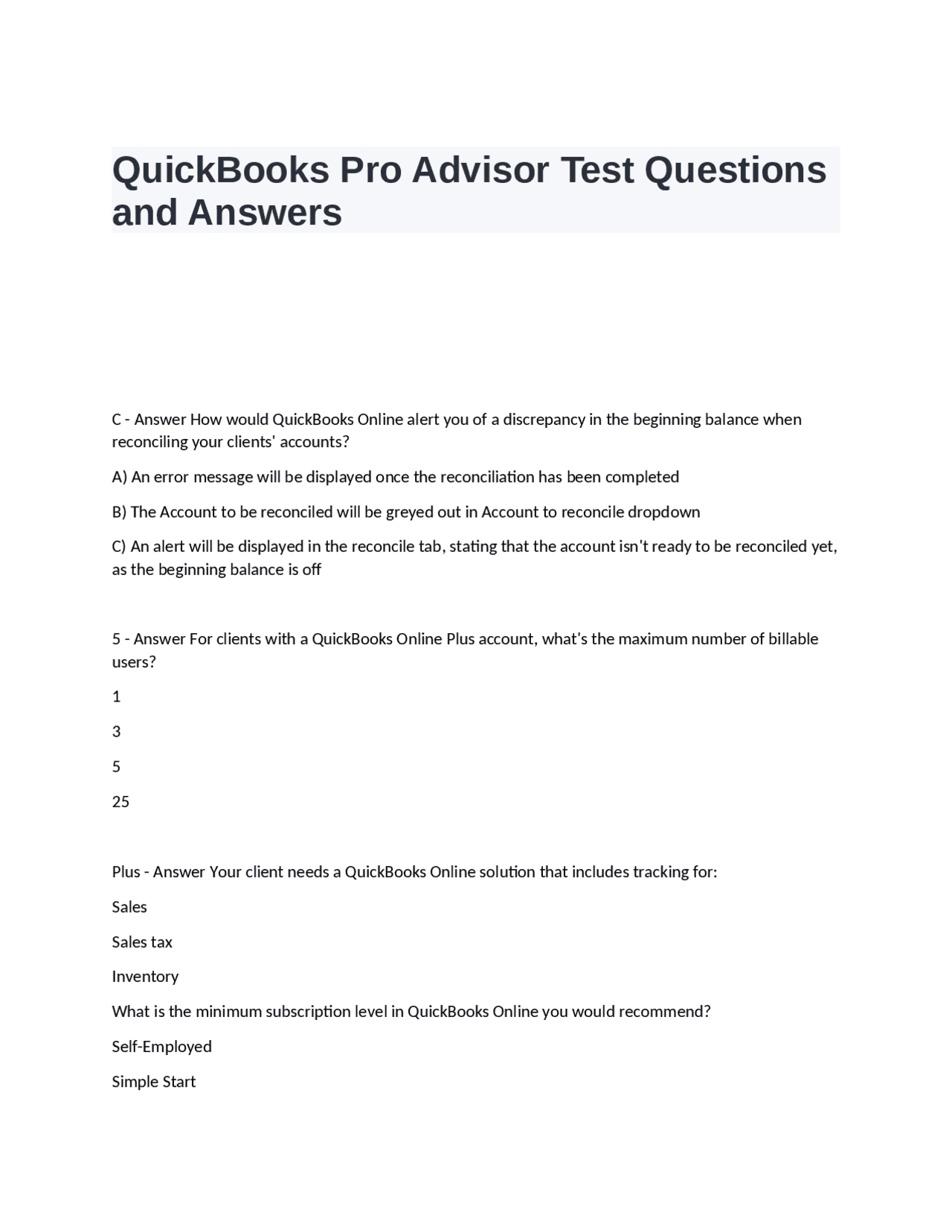 QuickBooks Pro Advisor Test Questions and Answers | Exams Nursing | Docsity