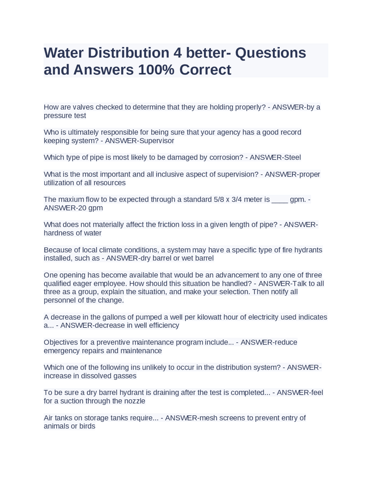 Water Distribution 4 better- Questions and Answers 100% Correct | Exams ...