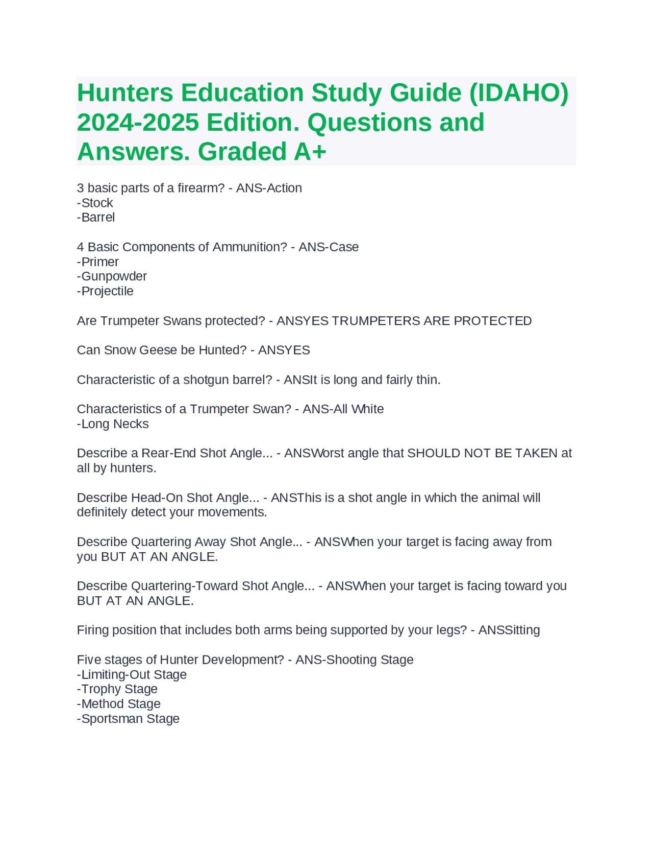 Hunters Education Study Guide (IDAHO) 2024-2025 Edition. Questions and ...