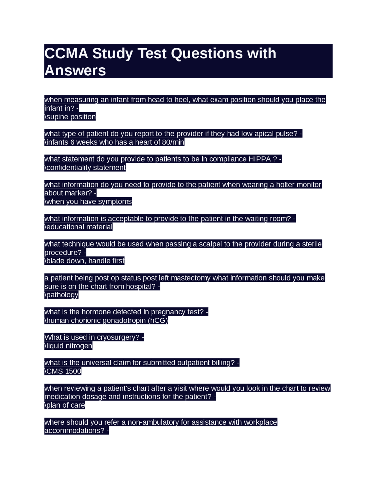 CCMA Study Test Questions with Answers | Exams Clinical Medicine | Docsity