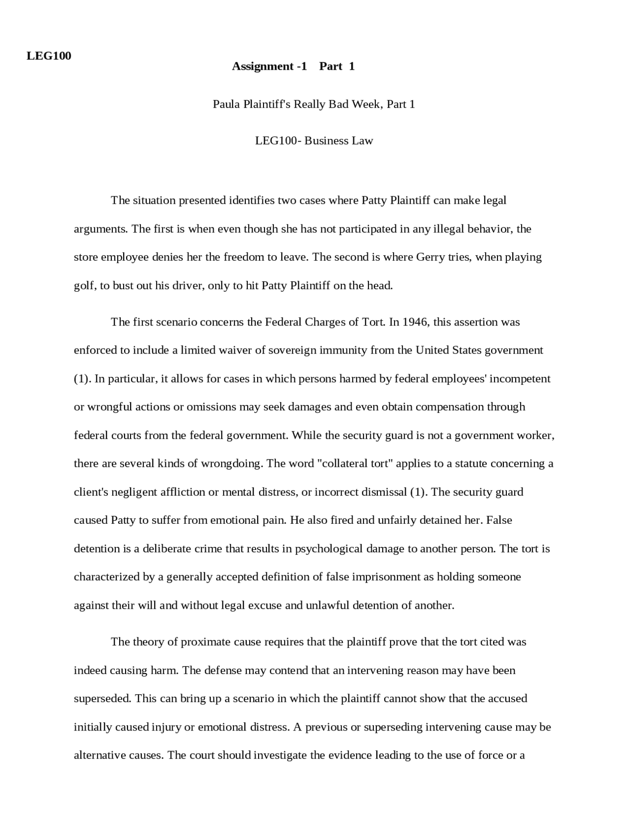 LEG100 Assignment -1 Part 1Paula Plaintiff's Really B | Lecture notes ...
