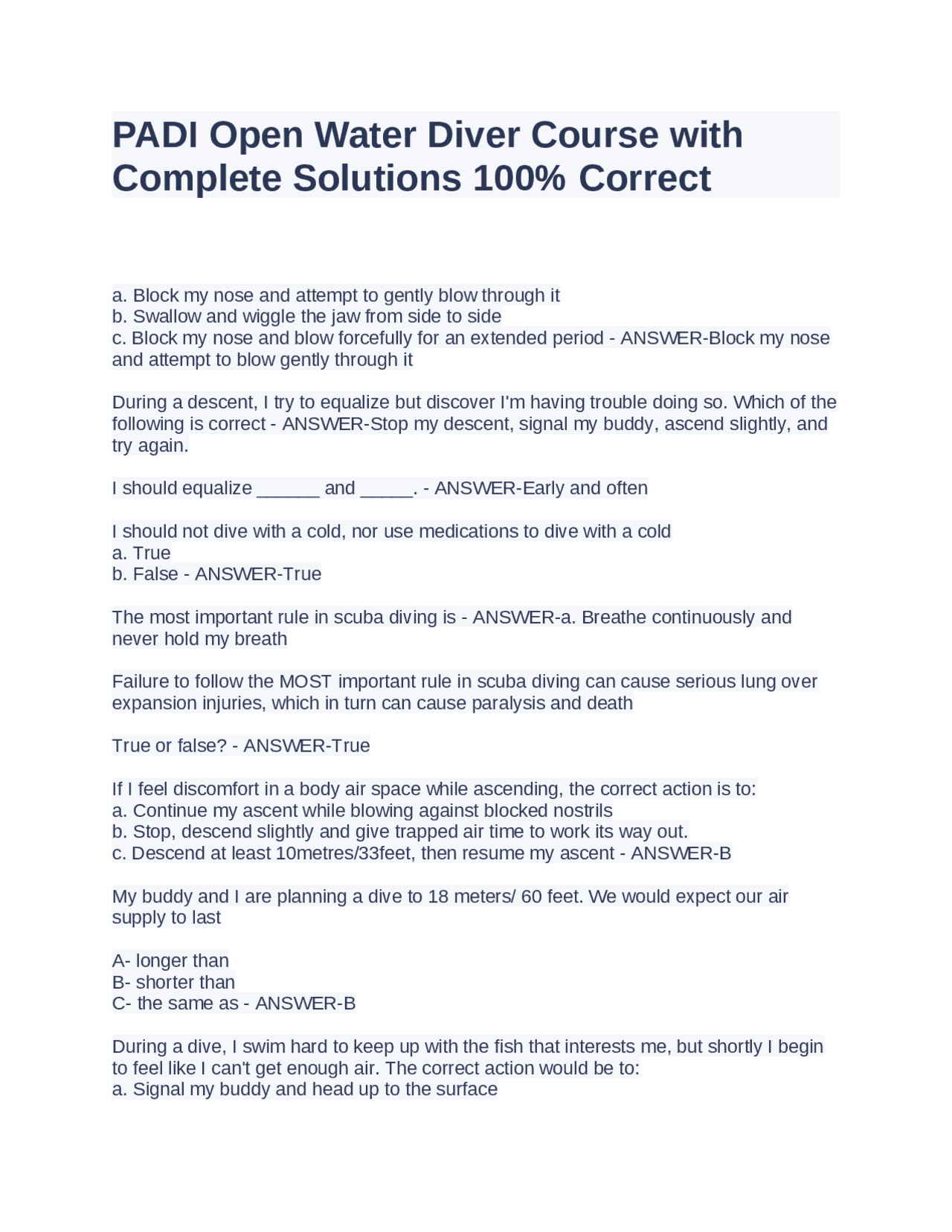 PADI Open Water Diver Course with Complete Solutions 100% Correct ...