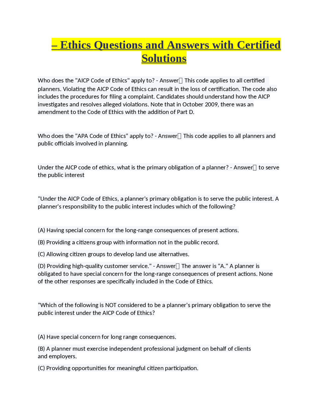 Ethics Questions and Answers with Certified Solutions | Exams Medical ...