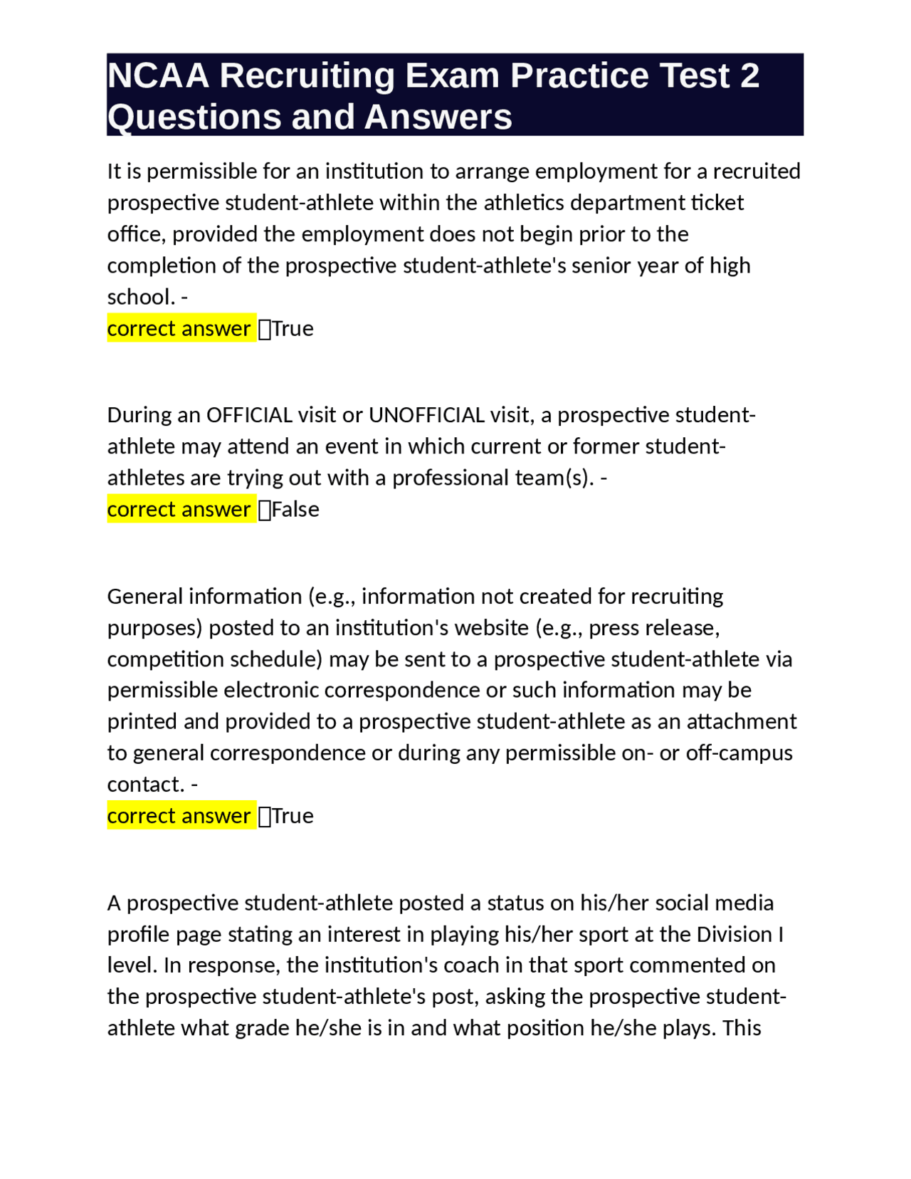 NCAA Recruiting Exam Practice Test 2 Questions and Answers | Exams ...
