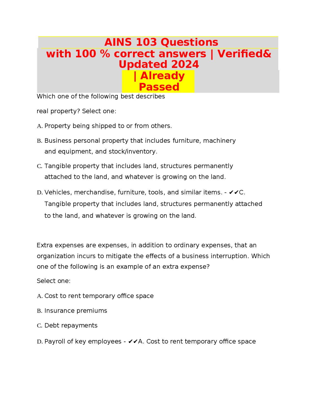 AINS 103 Questions with 100 % correct answers | Verified& Updated 2024 ...