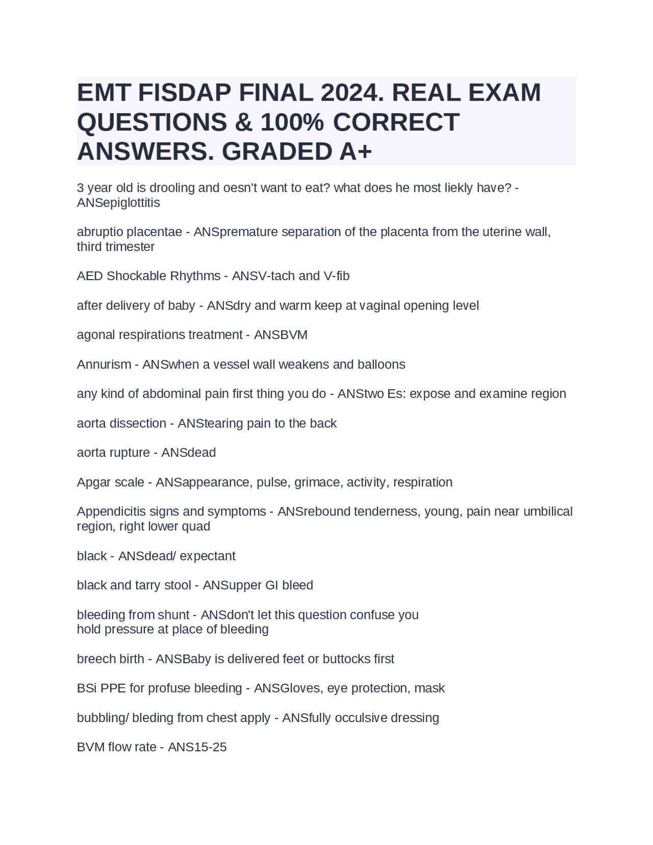 EMT FISDAP FINAL 2024. REAL EXAM QUESTIONS & 100% CORRECT ANSWERS. GRADED A+ | Exams Nursing ...
