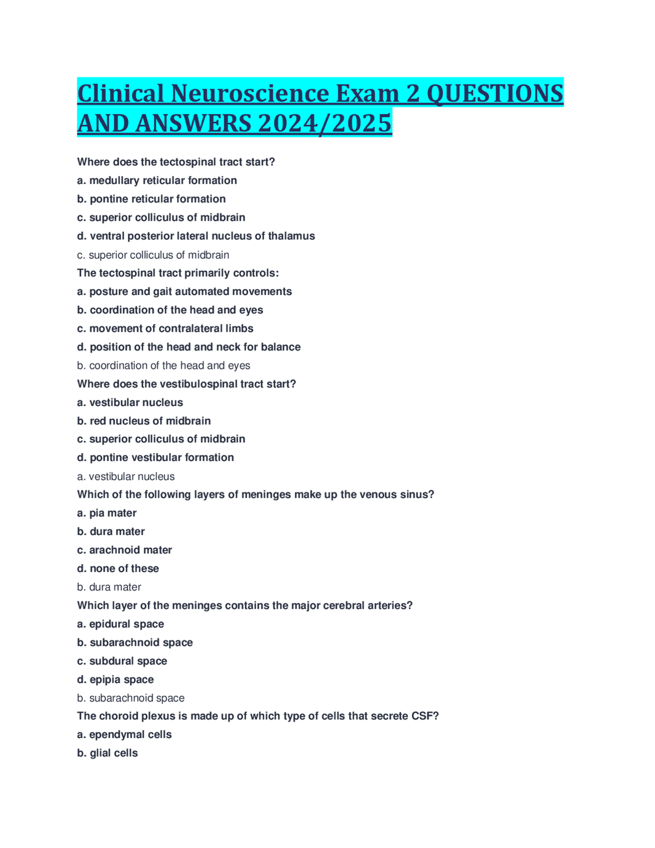 Clinical Neuroscience Exam 2 QUESTIONS AND ANSWERS 2024/2025 | Exams ...