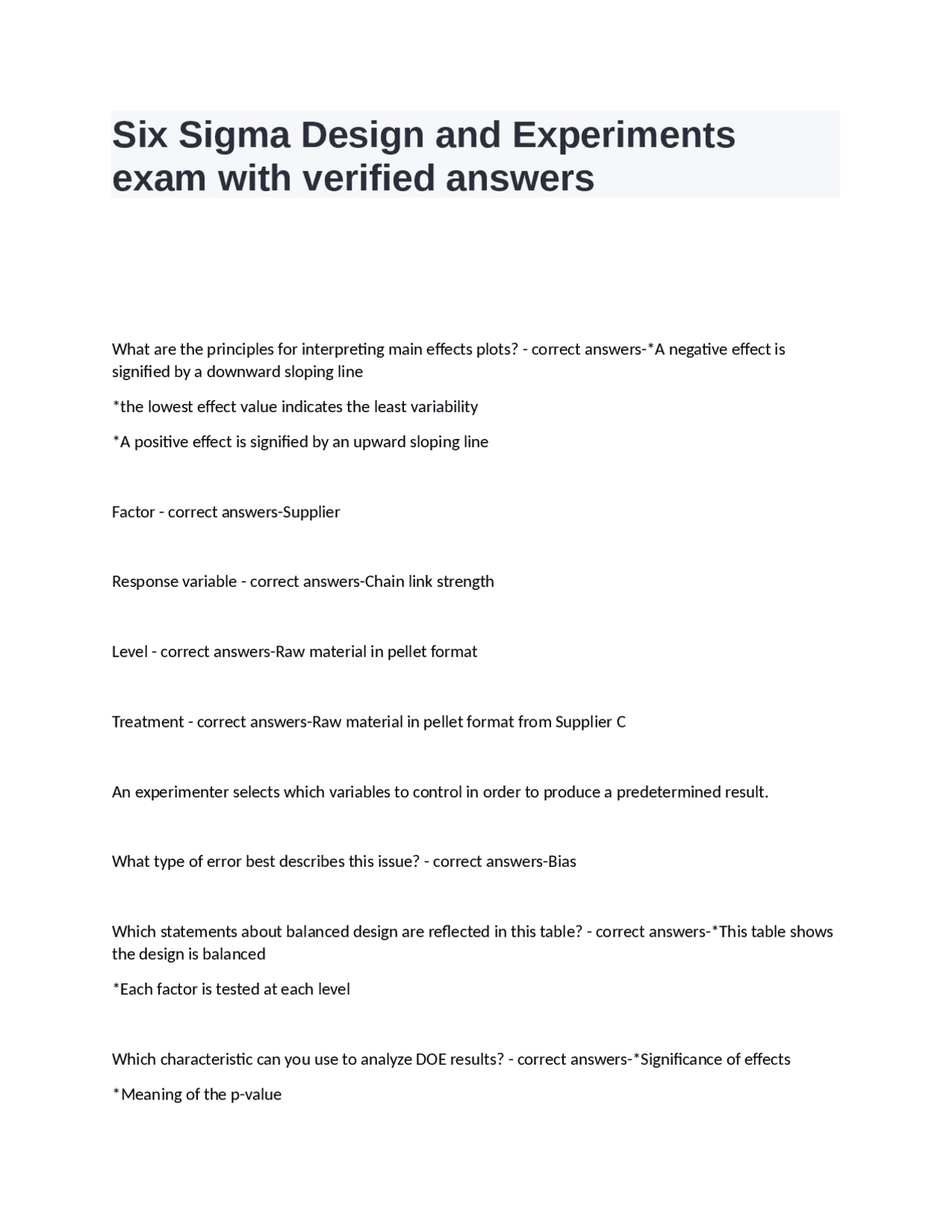 Six Sigma Design and Experiments exam with verified answers | Exams Nutrition | Docsity