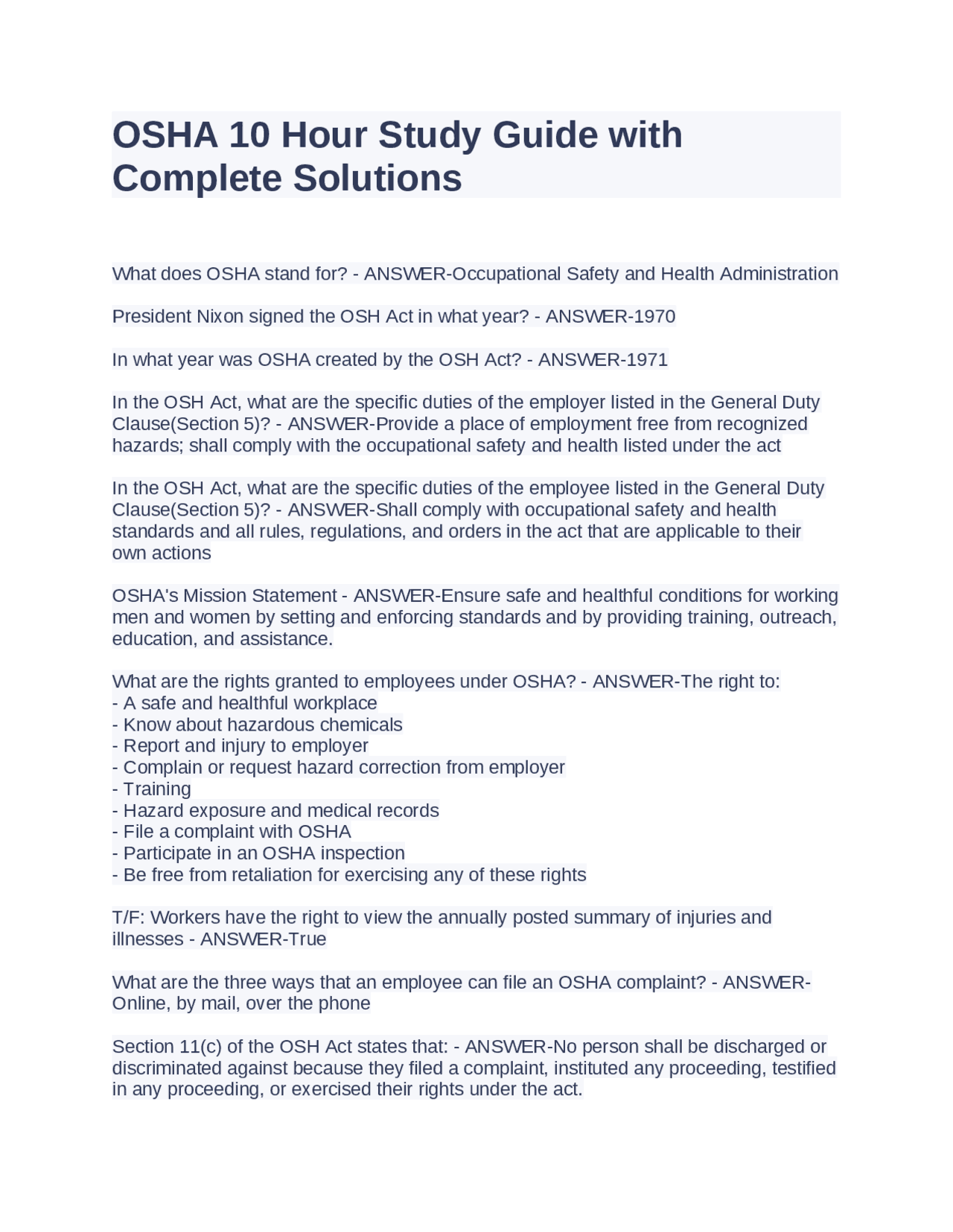 OSHA 10 Hour Study Guide with Complete Solutions | Exams Workplace ...