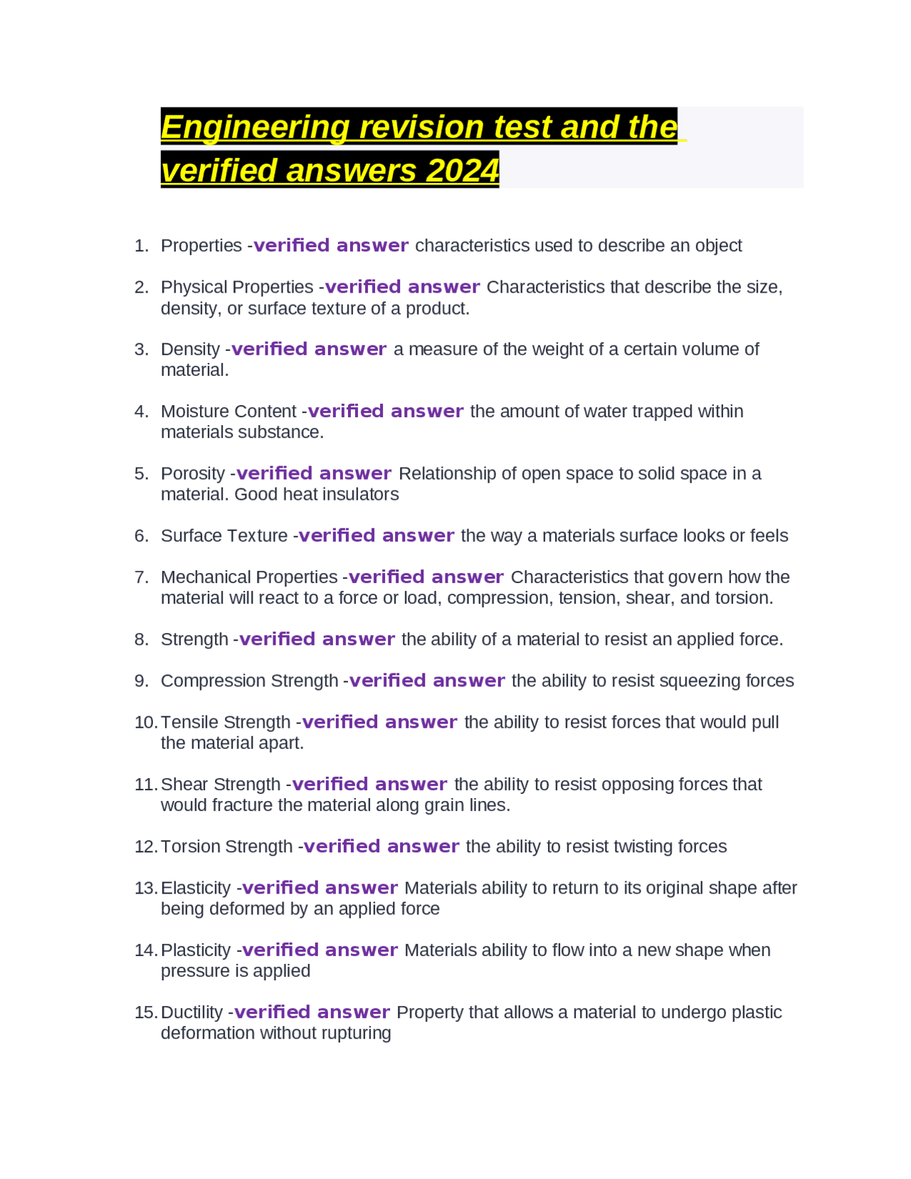 Engineering revision test and the verified answers 2024 | Exams ...