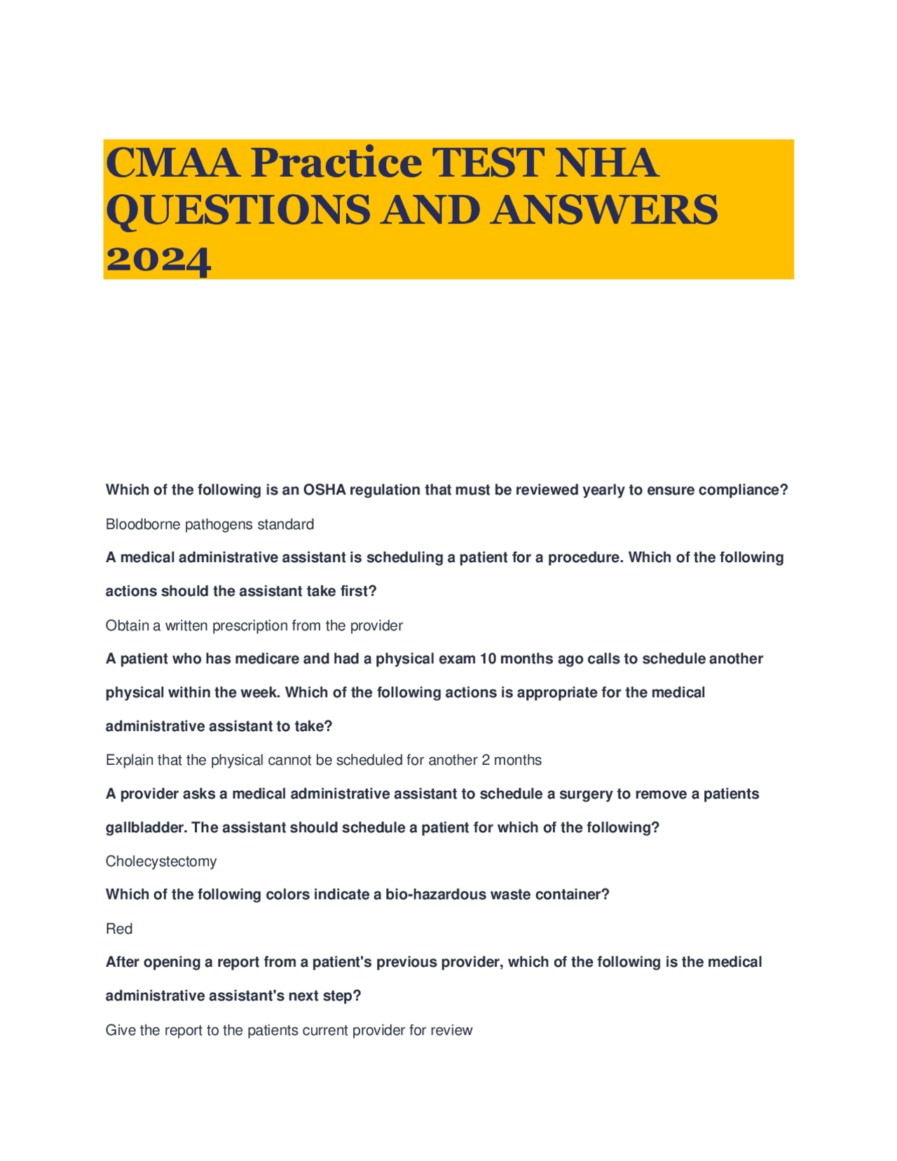 CMAA Practice TEST NHA QUESTIONS AND ANSWERS 2024 | Exams Health ...